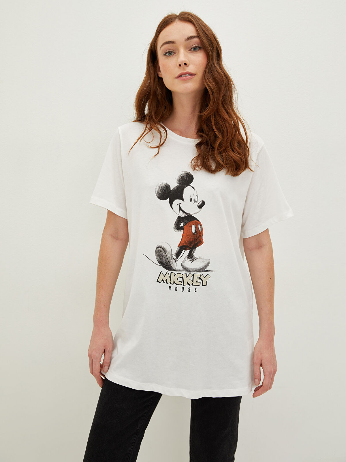 Büyük Beden Bisiklet Yaka Mickey Mouse Baskılı Kısa Kollu Pamuklu Kadın Tişört