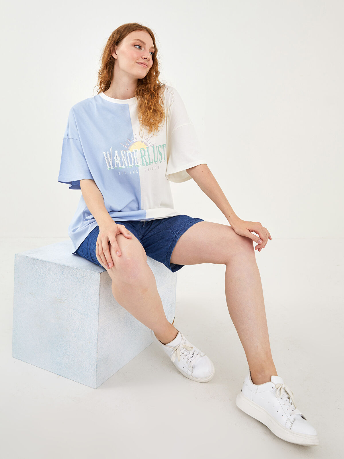 Büyük Beden Bisiklet Yaka Baskılı Kısa Kollu Pamuklu Kadın Tişört