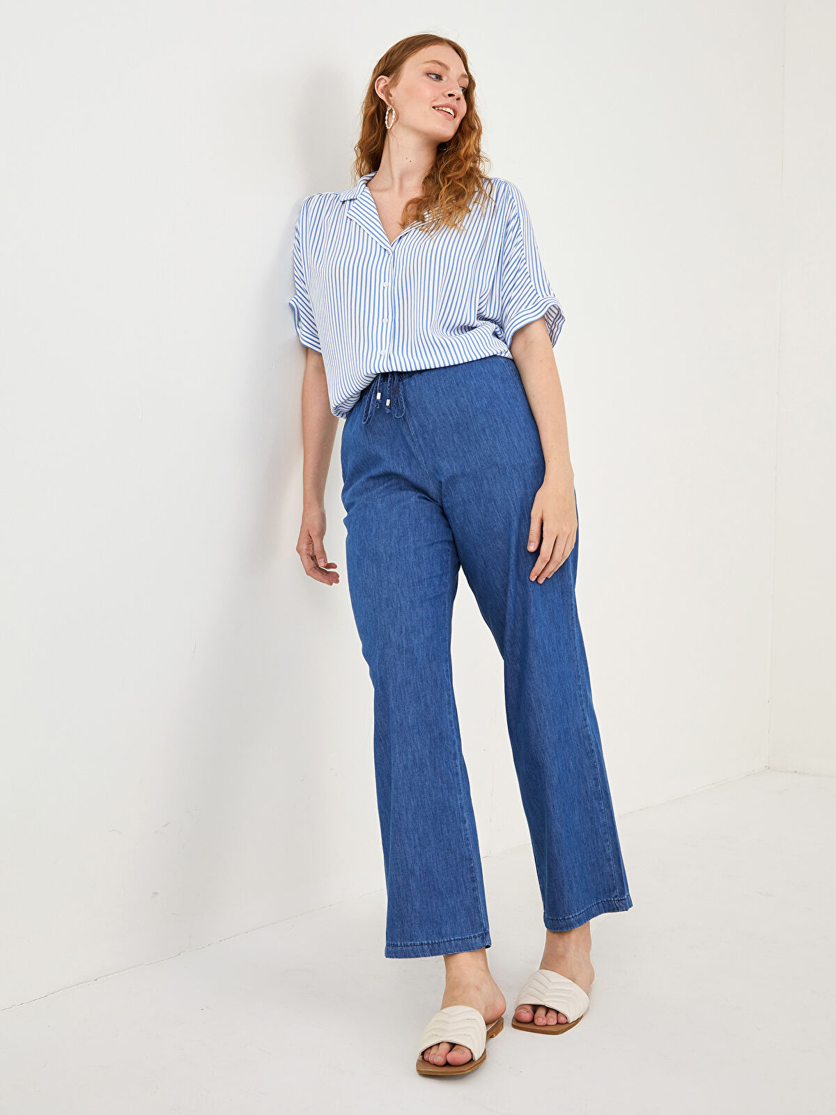 Büyük Beden Beli Lastikli Bol Fit Düz Cep Detaylı Kadın Rodeo Jean Pantolon