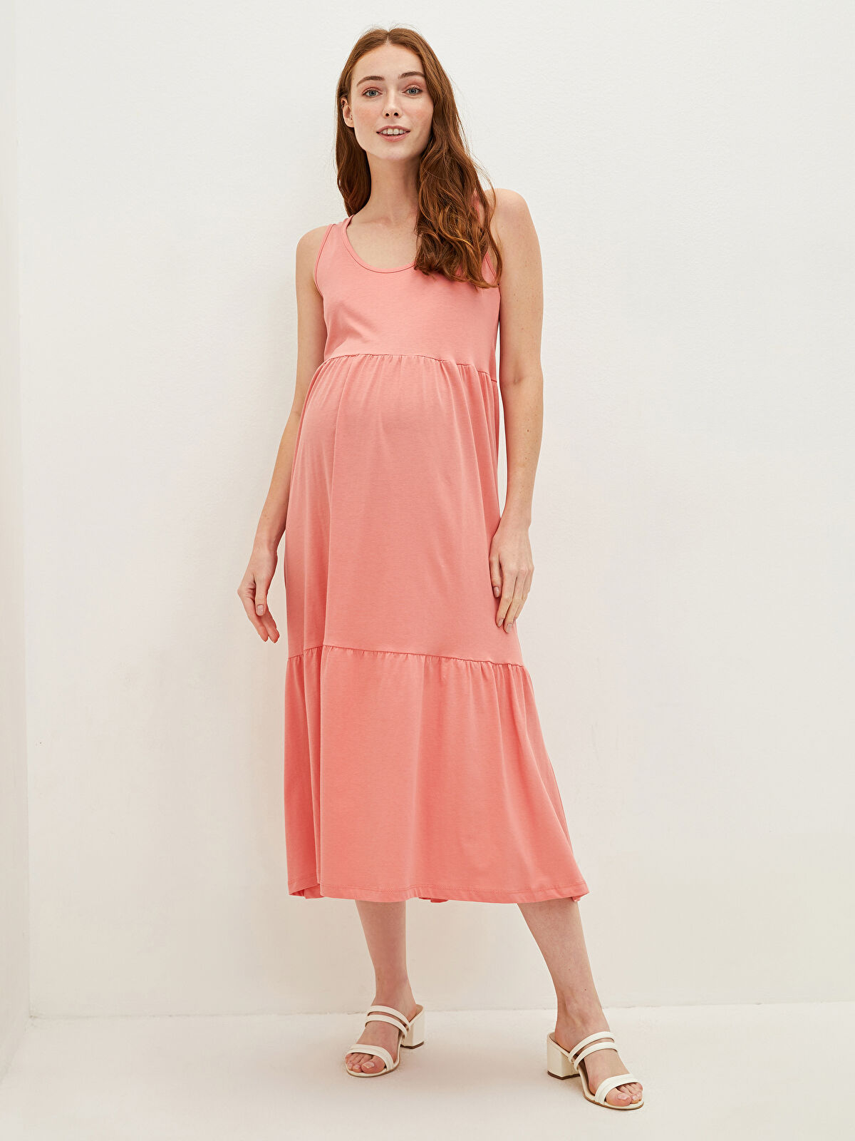 U Yaka Düz Kolsuz Pamuklu Hamile Elbise