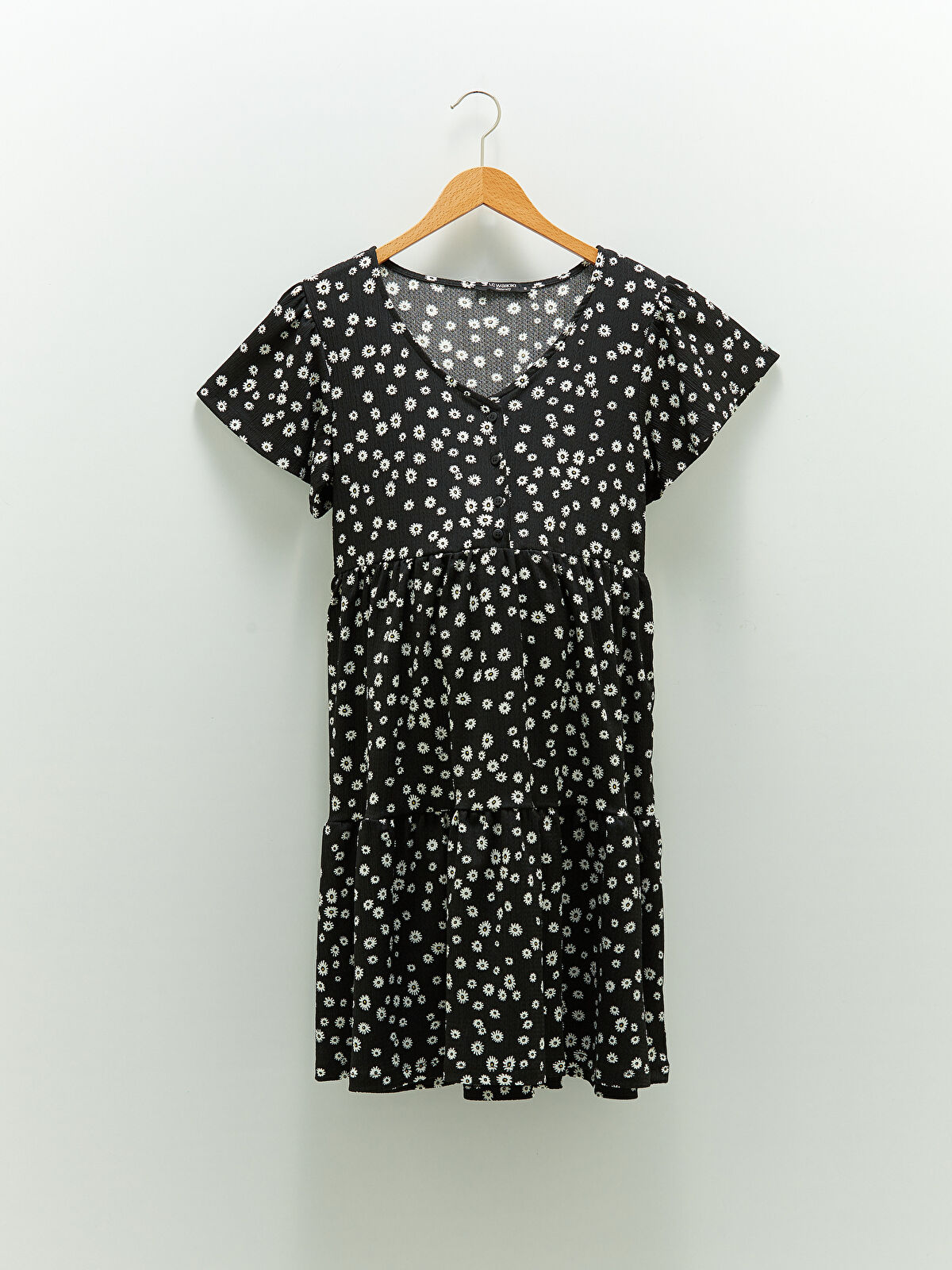 V Yaka Çiçekli Kısa Kollu Krinkle Kumaş Hamile Elbise