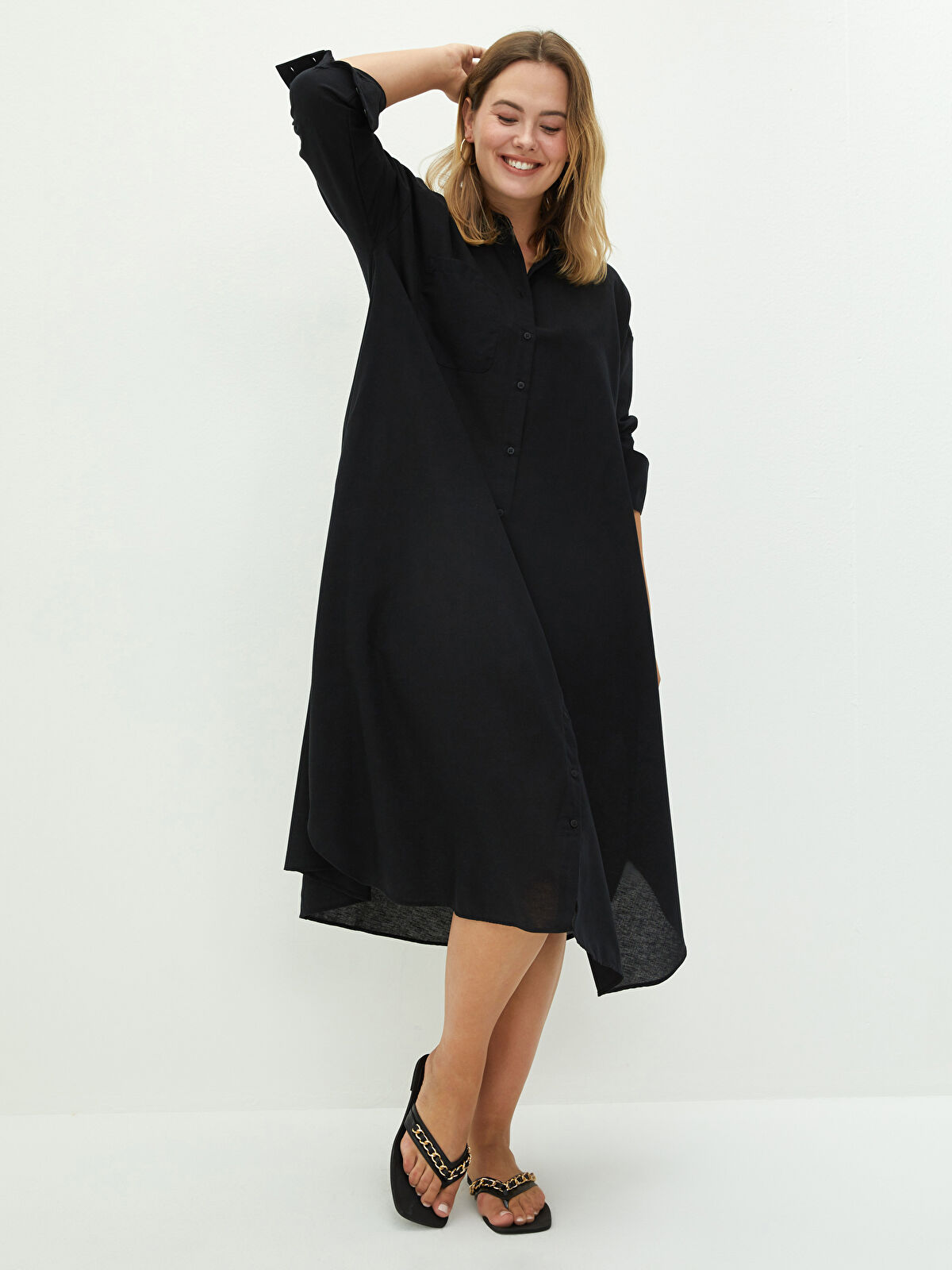 Büyük Beden Gömlek Yaka Düz Cep Detaylı Uzun Kollu Keten Kadın Elbise