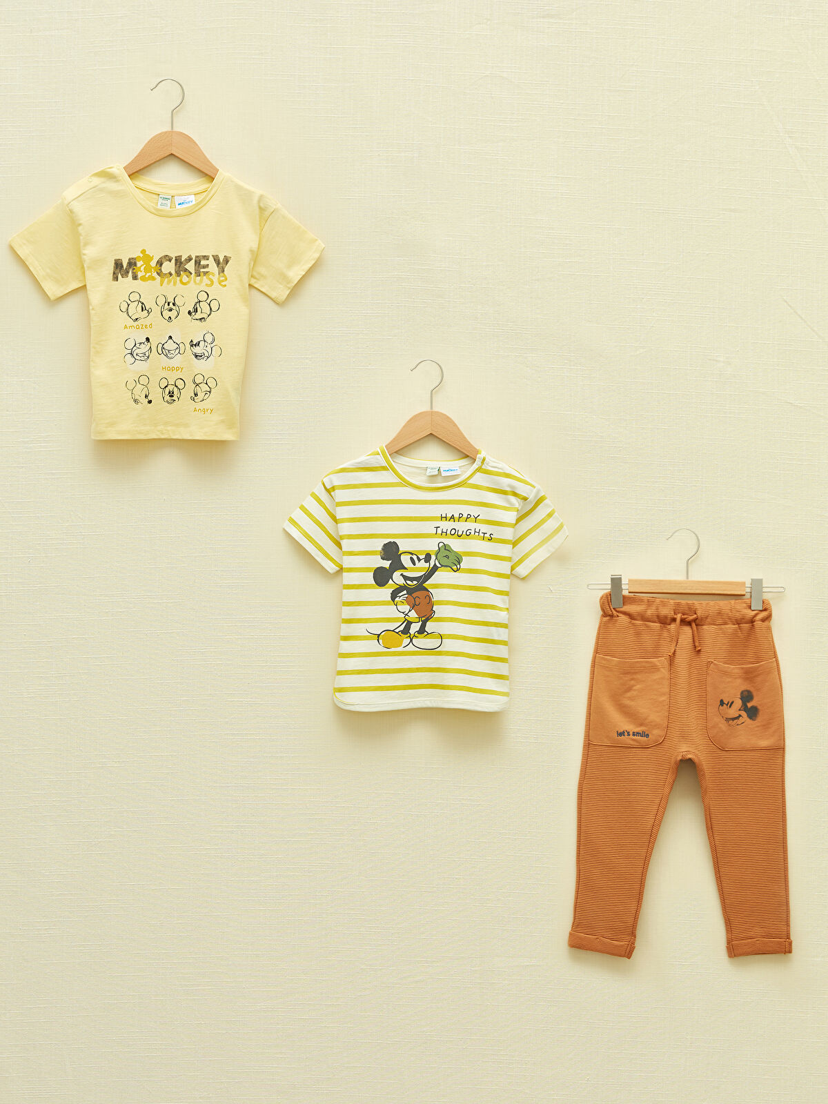 Bisiklet Yaka Kısa Kollu Mickey Mouse Baskılı Erkek Bebek Takım 3'lü