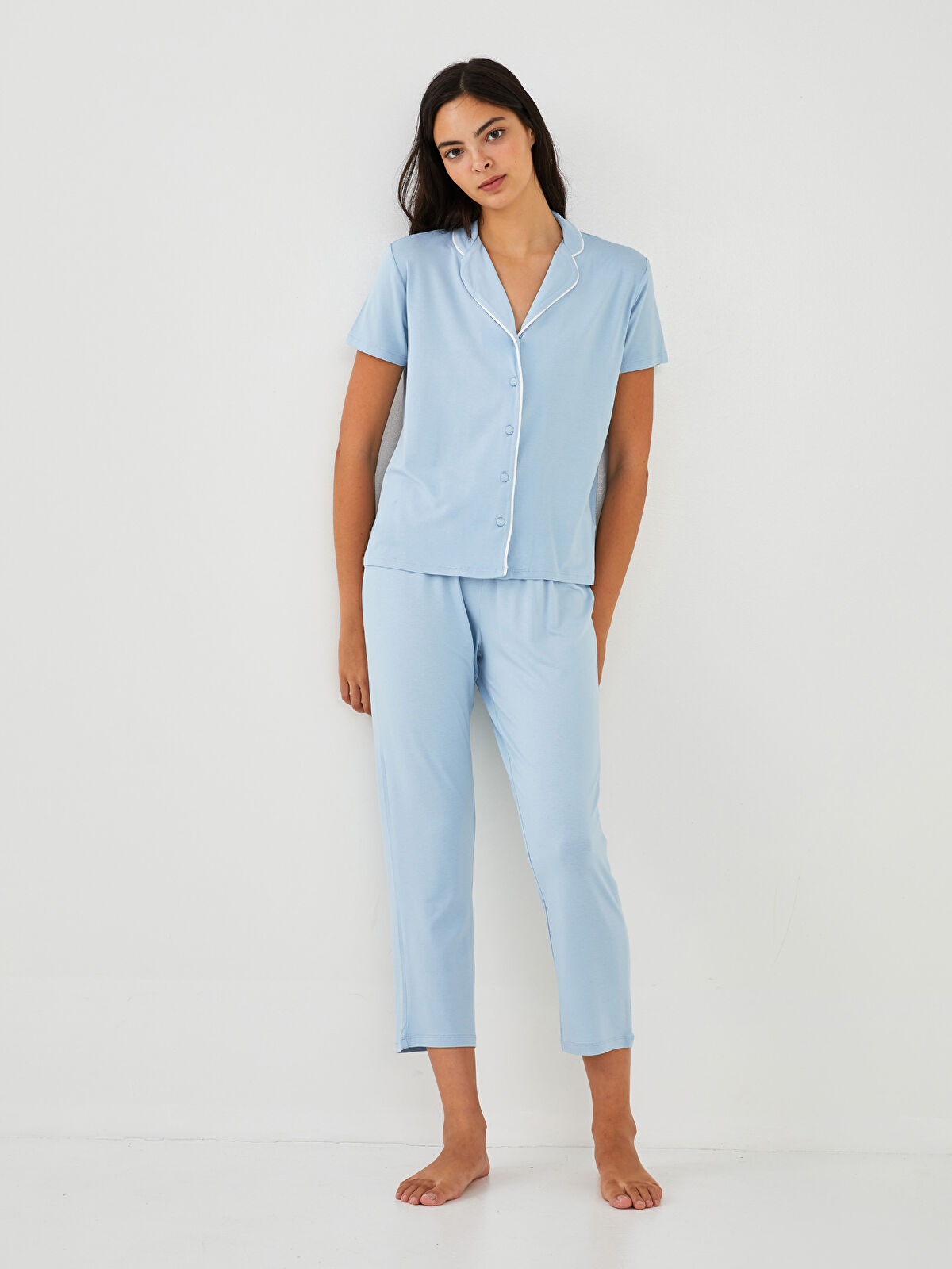 LCW DREAM Petite Gömlek Yaka Düz Kısa Kollu Kadın Pijama Takımı