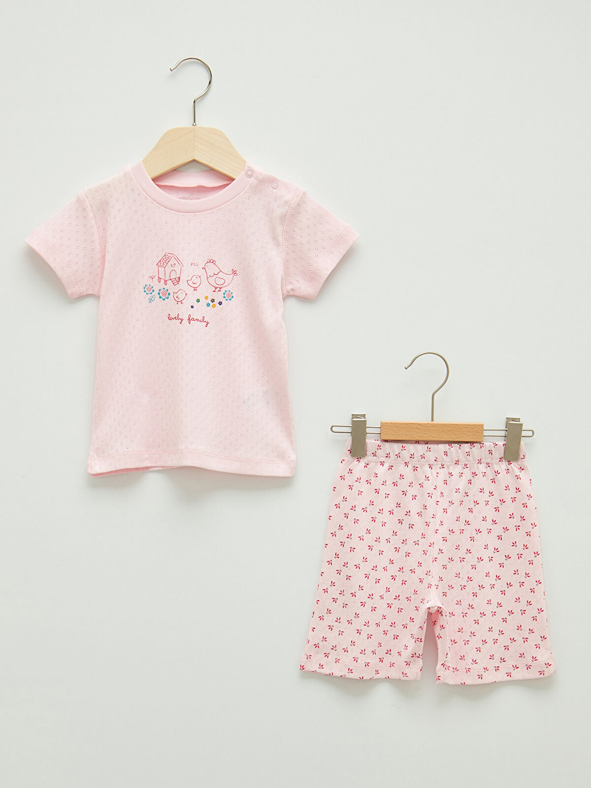 Luggi Baby Bisiklet Yaka Kendinden Desenli Pamuklu Kız Bebek 2'li Takım