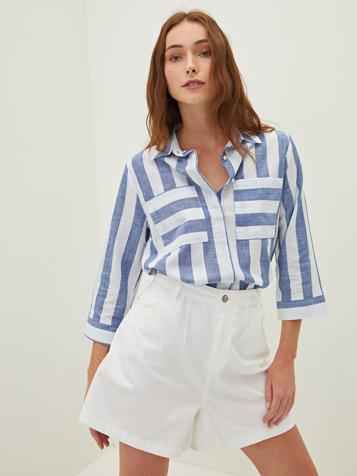LCW CLASSIC Gizli Düğme Kapamalı Çizgili Cep Detaylı Poplin Kadın Gömlek
