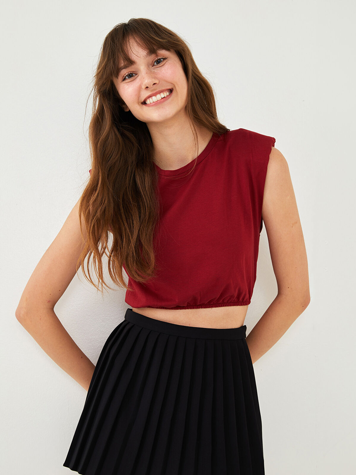 Quzu Bisiklet Yaka Kolsuz Beli Lastikli Kadın Tişört