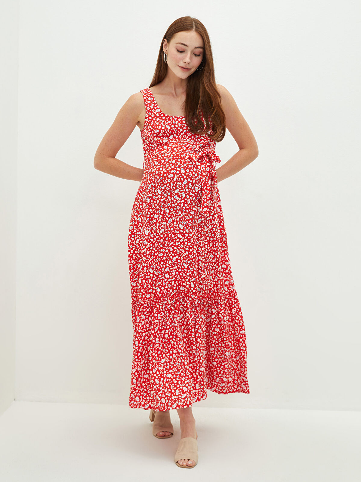 U Yaka Çiçekli Kolsuz Beli Bağlama Detaylı Viskon Hamile Elbise