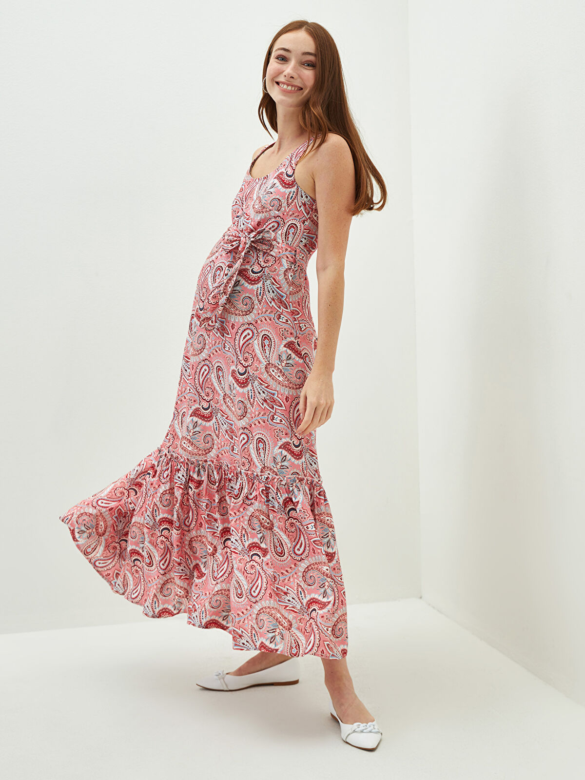 U Yaka Desenli Askılı Beli Kuşaklı Viskon Hamile Elbise