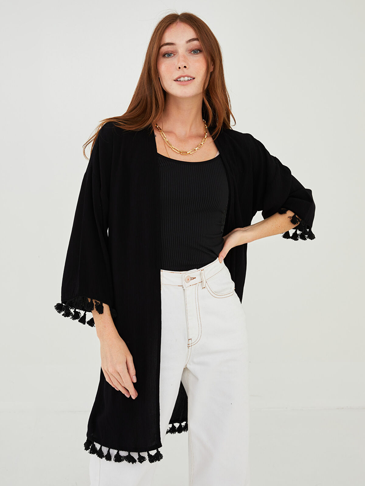 LCW CLASSIC Şal Yaka Püskül Detaylı Viskon Kadın Kimono