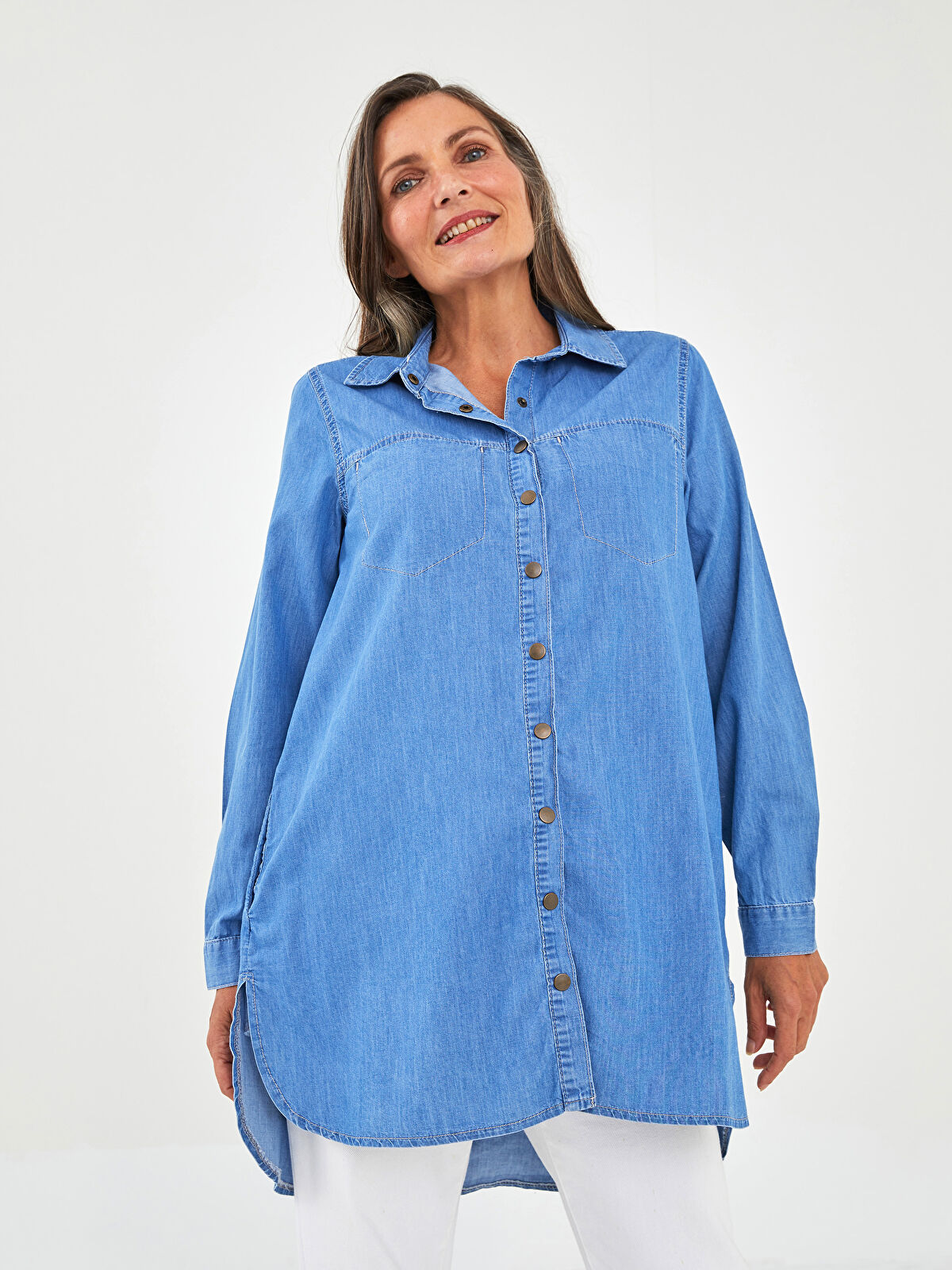 LCW GRACE Gömlek Yaka Cep Detaylı Uzun Kollu Kadın Jean Tunik