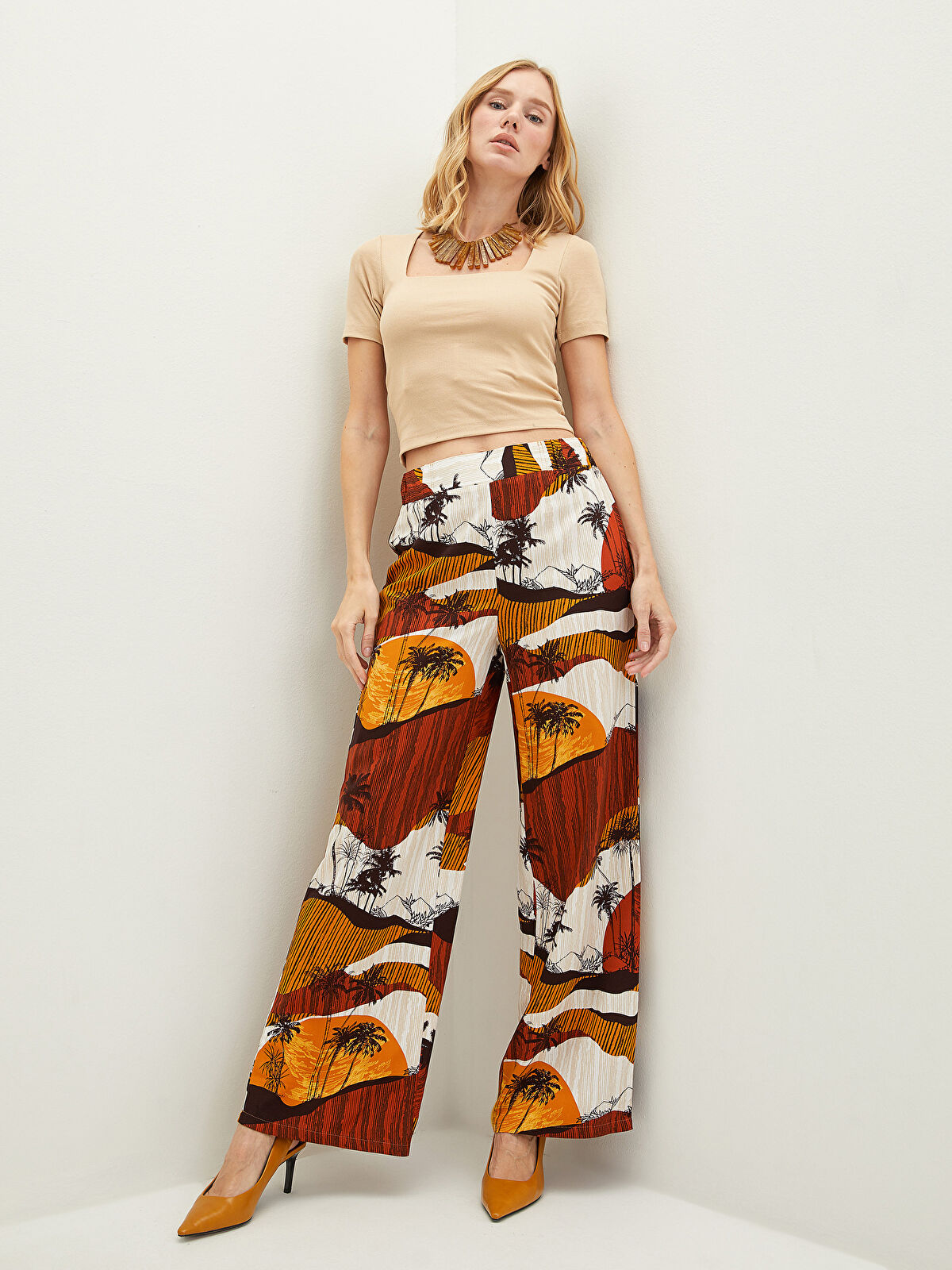 LCW BASIC Beli Lastikli Desenli Viskon Kadın Pantolon