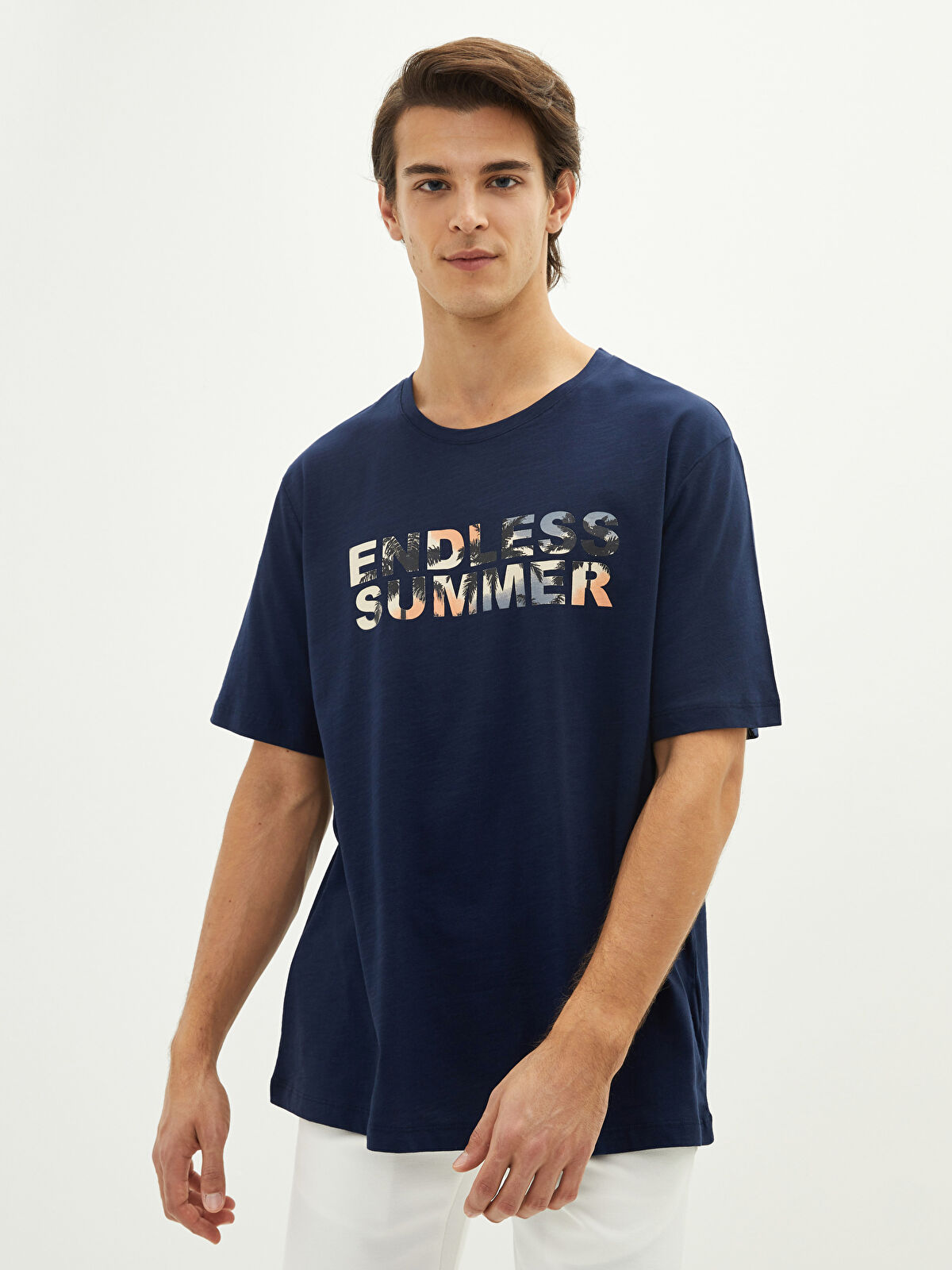 Büyük Beden Bisiklet Yaka Kısa Kollu Baskılı Penye Erkek Tişört