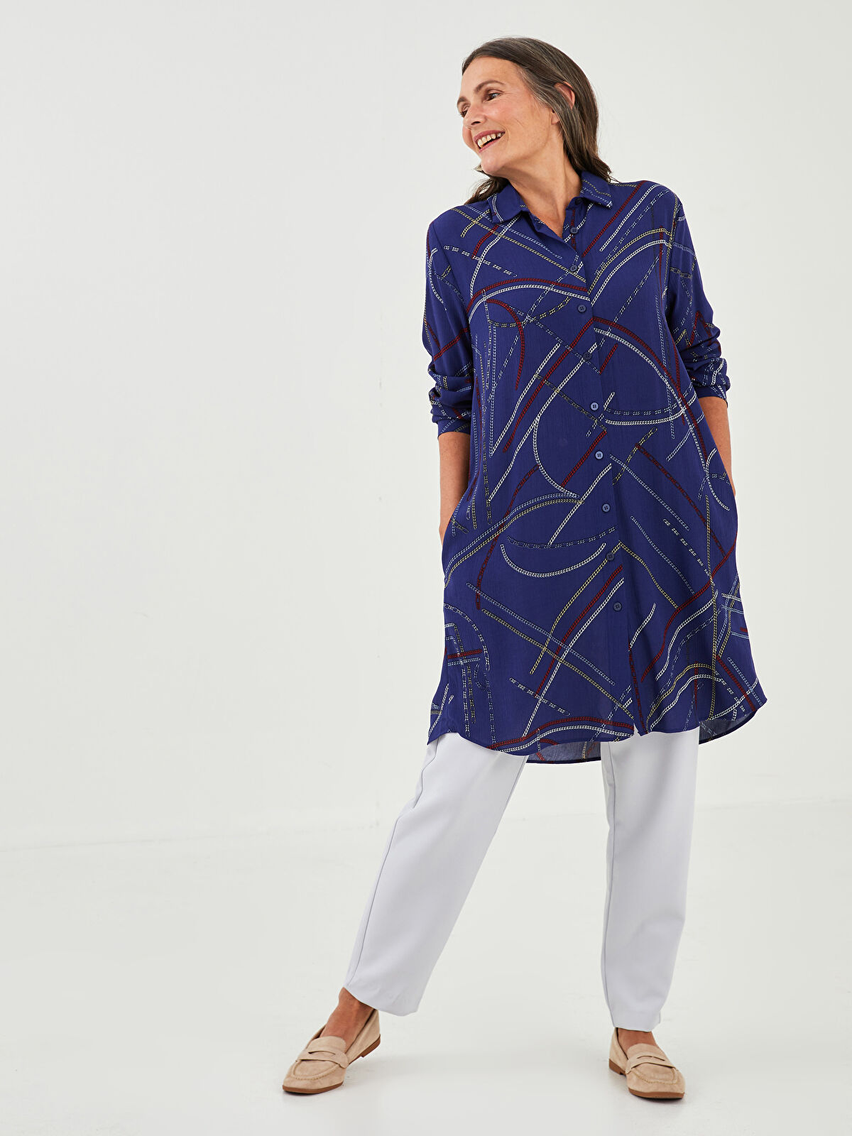 LCW GRACE Gömlek Yaka Desenli Uzun Kollu Krinkle Kumaş Kadın Tunik