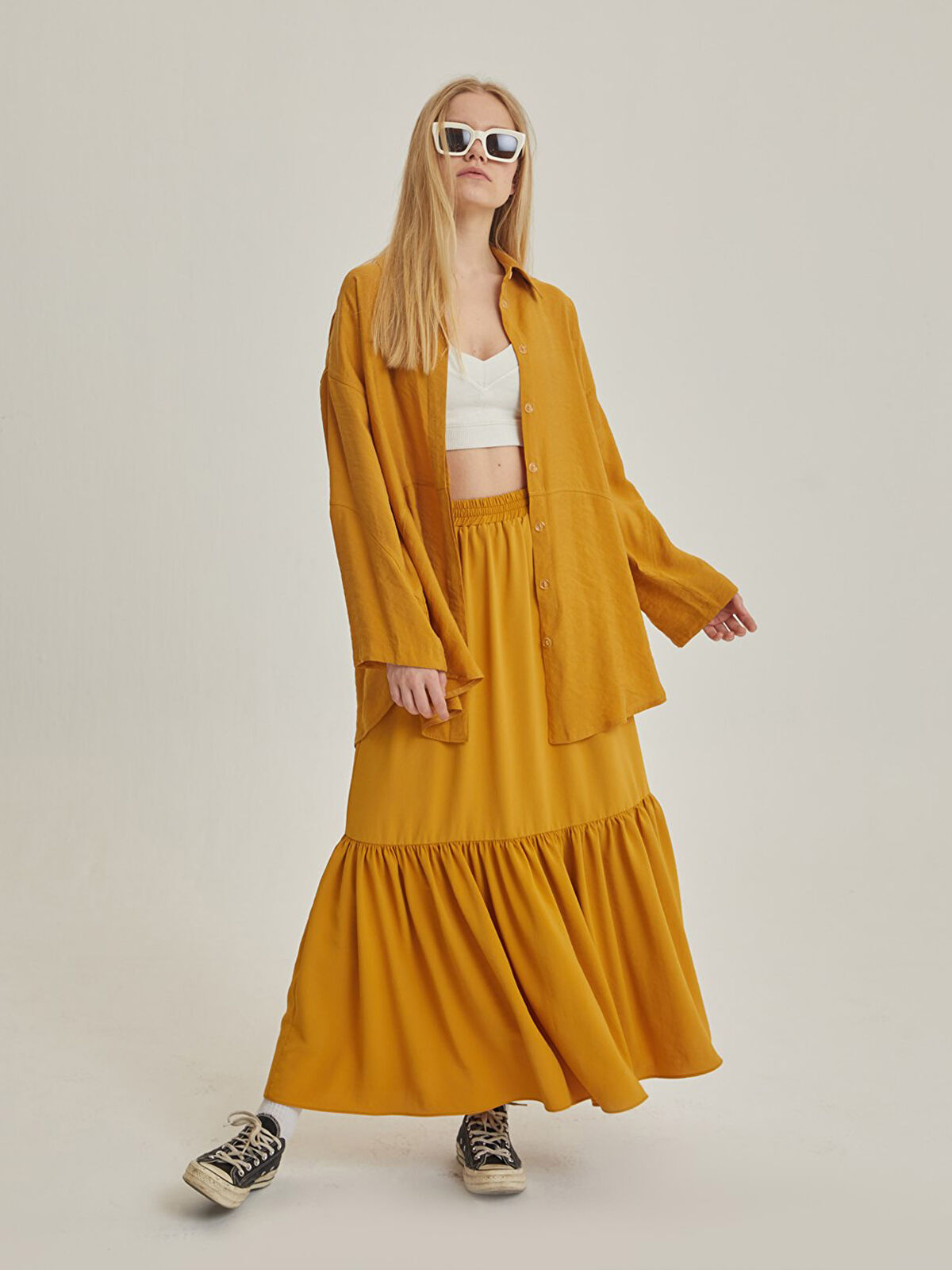 QOOQ UP Beli Lastikli Düz Fırfır Detaylı Kadın Büzgülü Etek