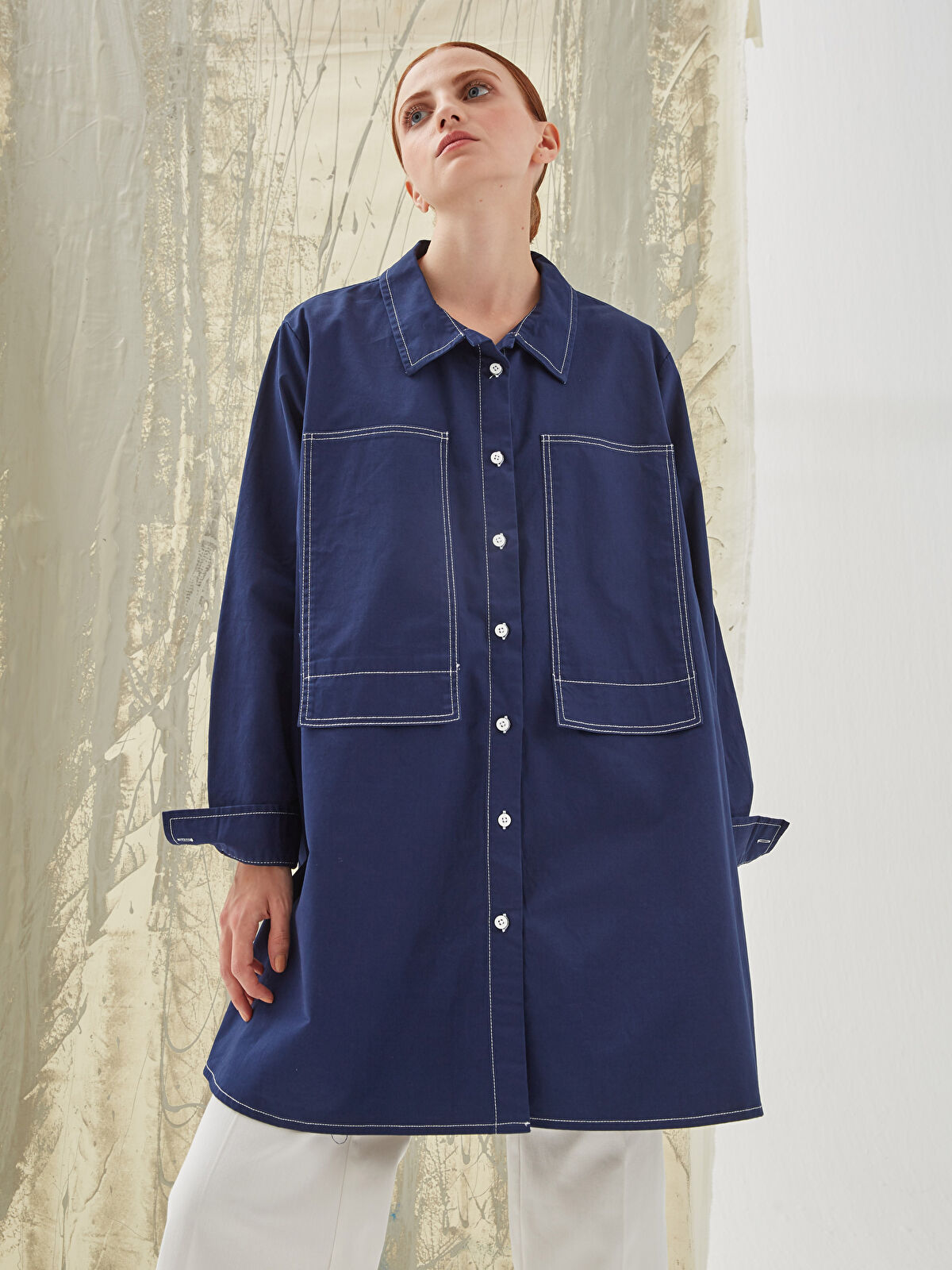 QOOQ STORE Önden Düğme Kapamalı Uzun Kollu Kadın Jean Gömlek