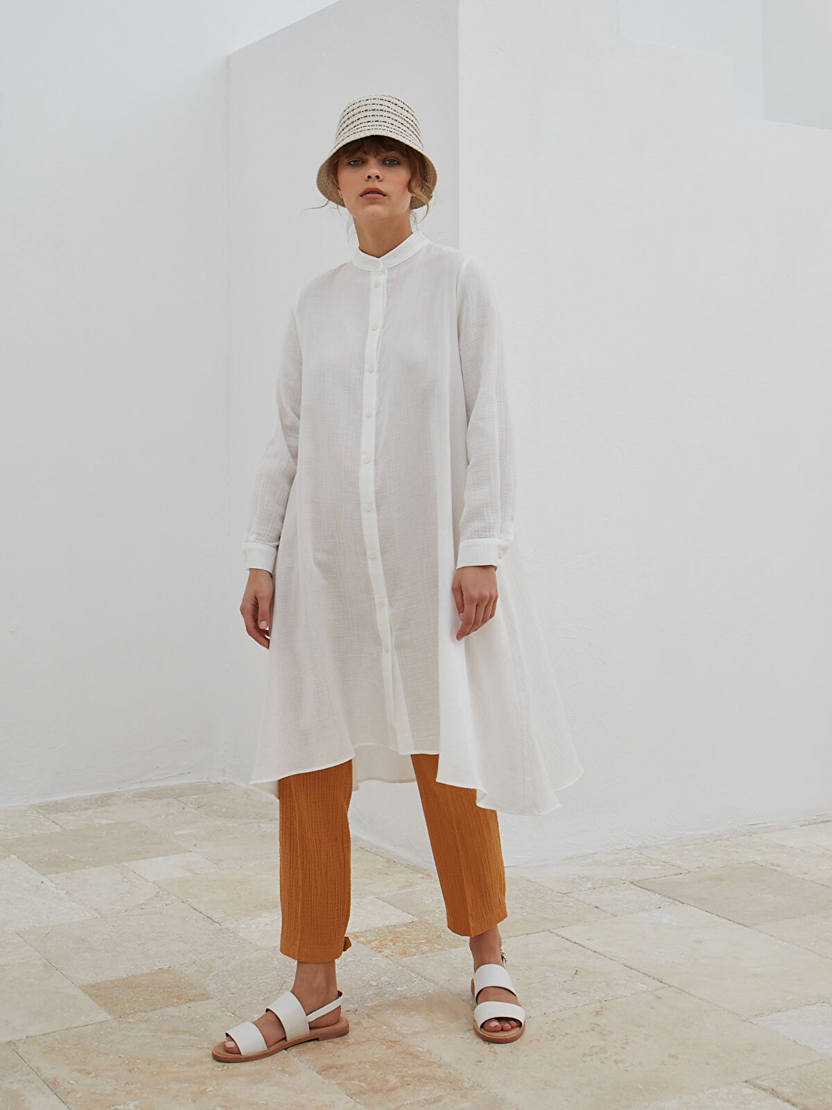 QOOQ STORE Hakim Yaka Düz Cep Detaylı Uzun Kollu Keten Kadın Gömlek