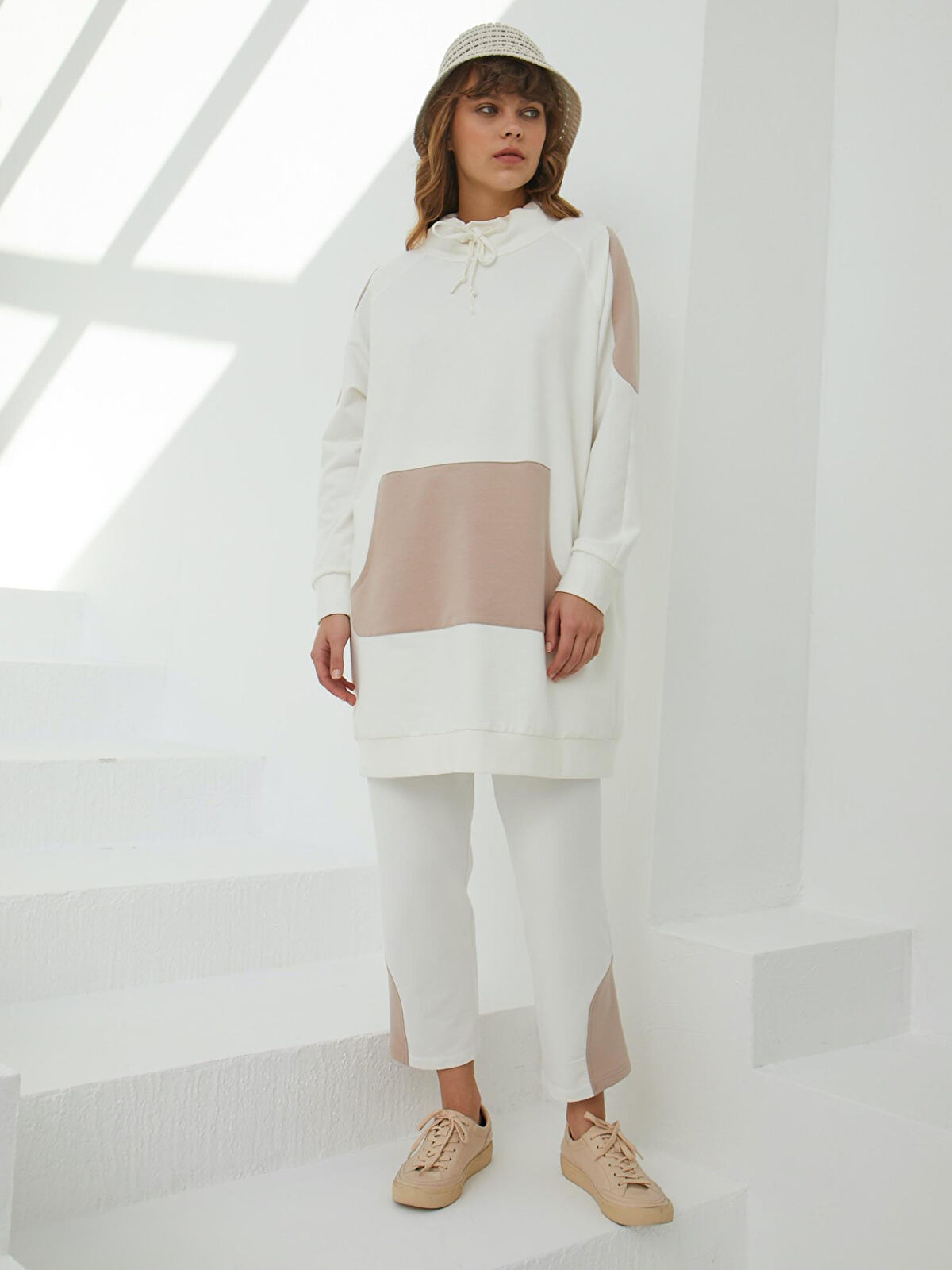 QOOQ STORE Bağlamalı Yaka Renk Bloklu Uzun Kollu Kadın Sweatshirt