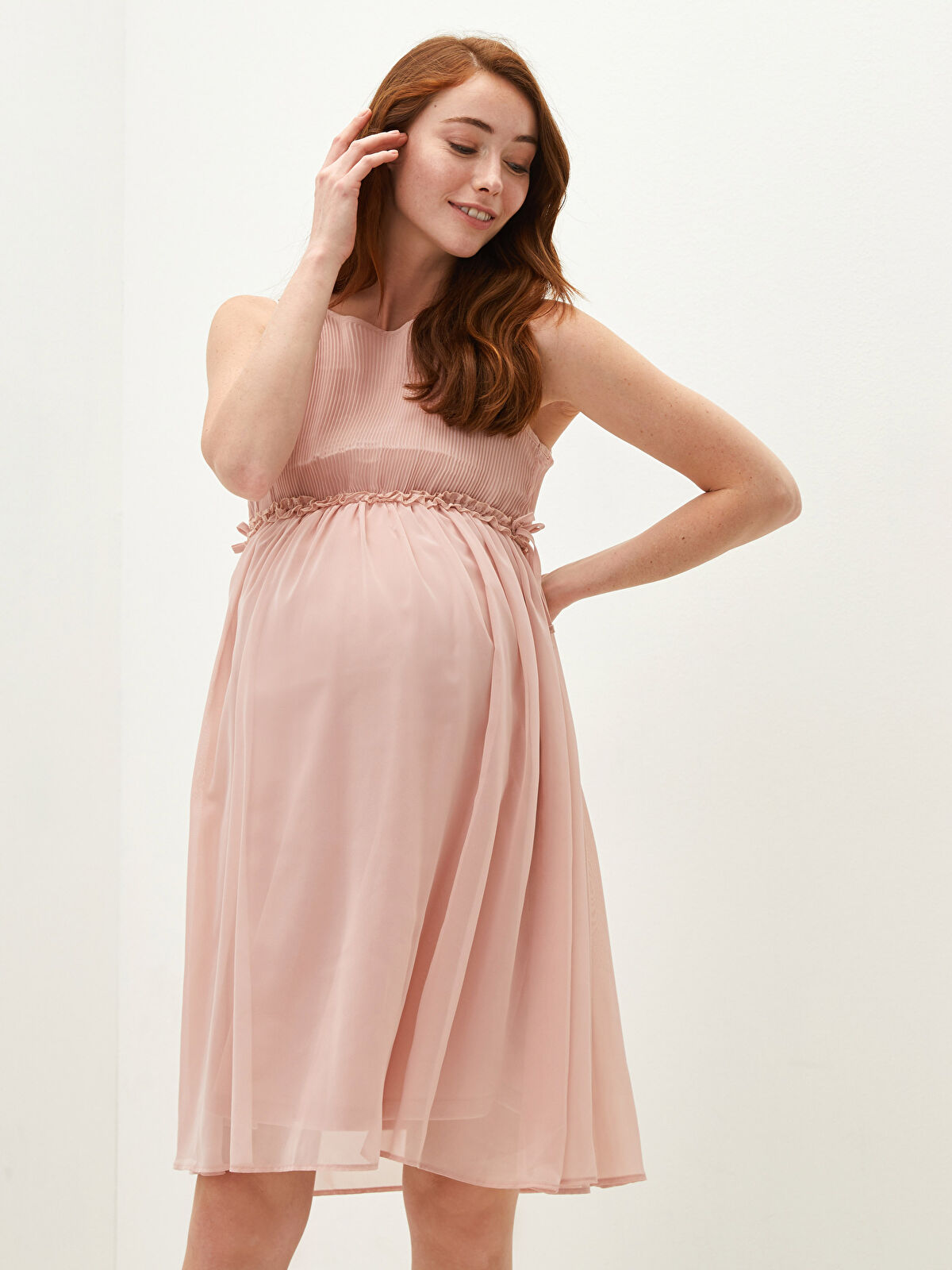 Bisiklet Yaka Düz Kolsuz Fırfır Detaylı Hamile Elbise