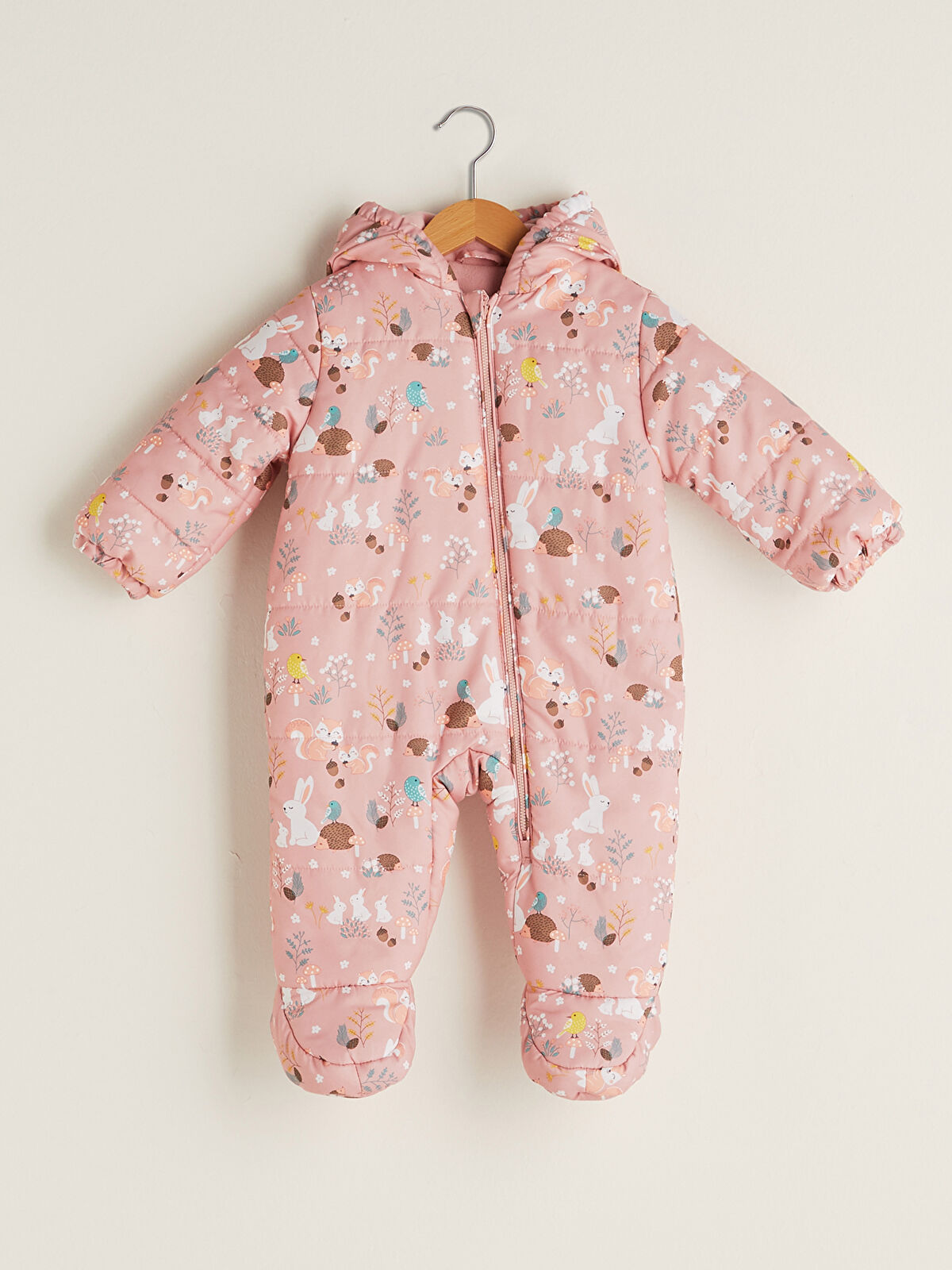 Kapüşonlu Uzun Kollu Patikli Baskılı Kız Bebek Fermuarlı Astronot Mont