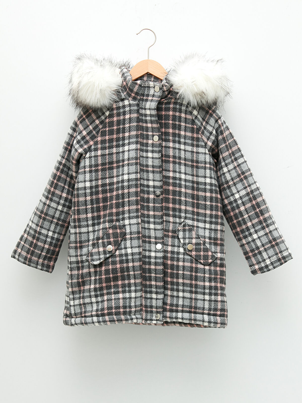 Kapüşonlu Desenli Uzun Kollu Kız Çocuk Kaşe Kaban