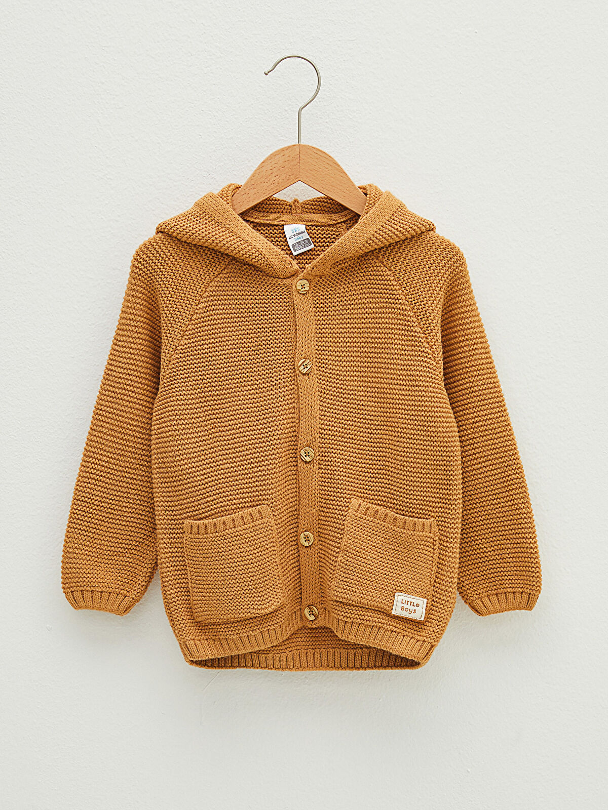 Kapüşonlu Uzun Kollu Erkek Bebek Düğme Kapamalı Triko Hırka