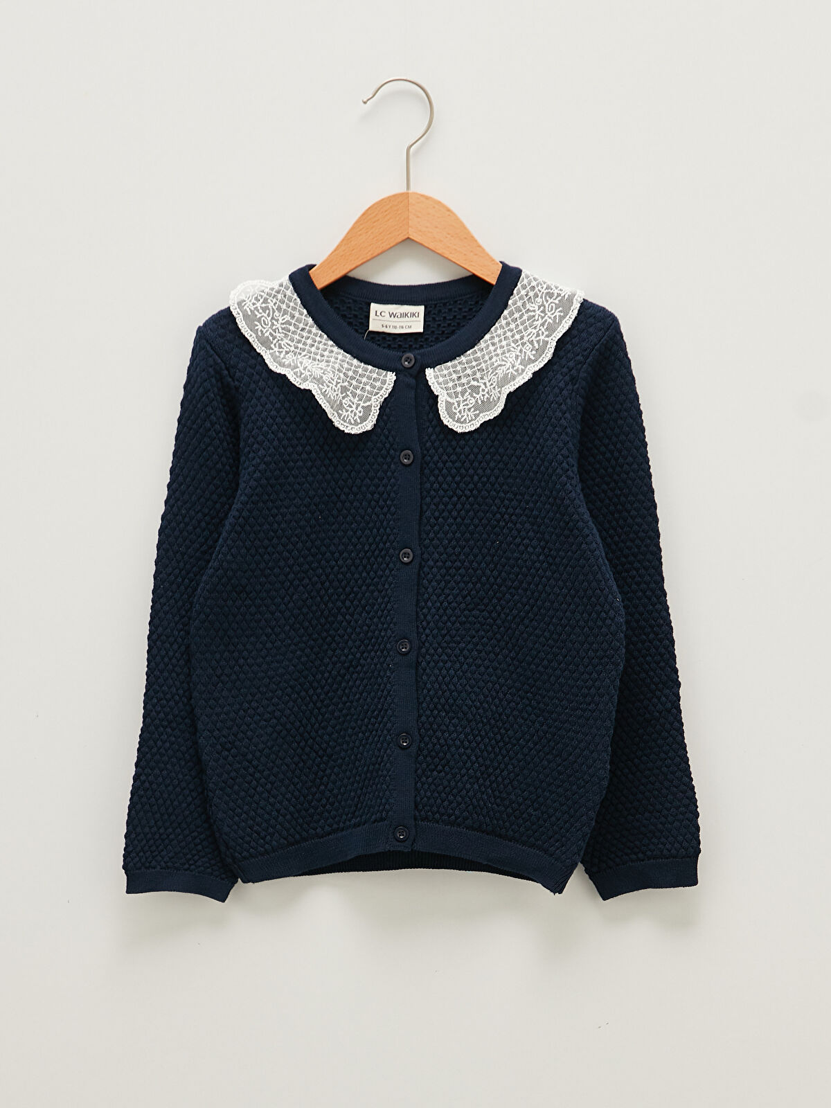 Dantel Detaylı Bisiklet Yaka Kendinden Desenli Uzun Kollu Kız Çocuk İnce Triko Hırka