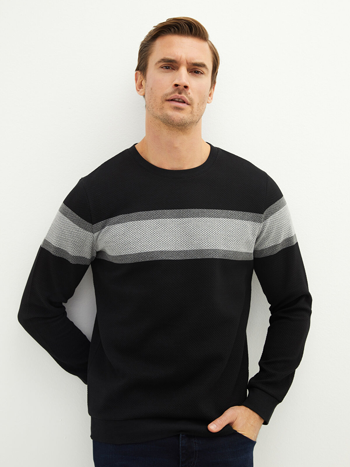 LCW CLASSIC Bisiklet Yaka Uzun Kollu Çizgili Erkek Sweatshirt
