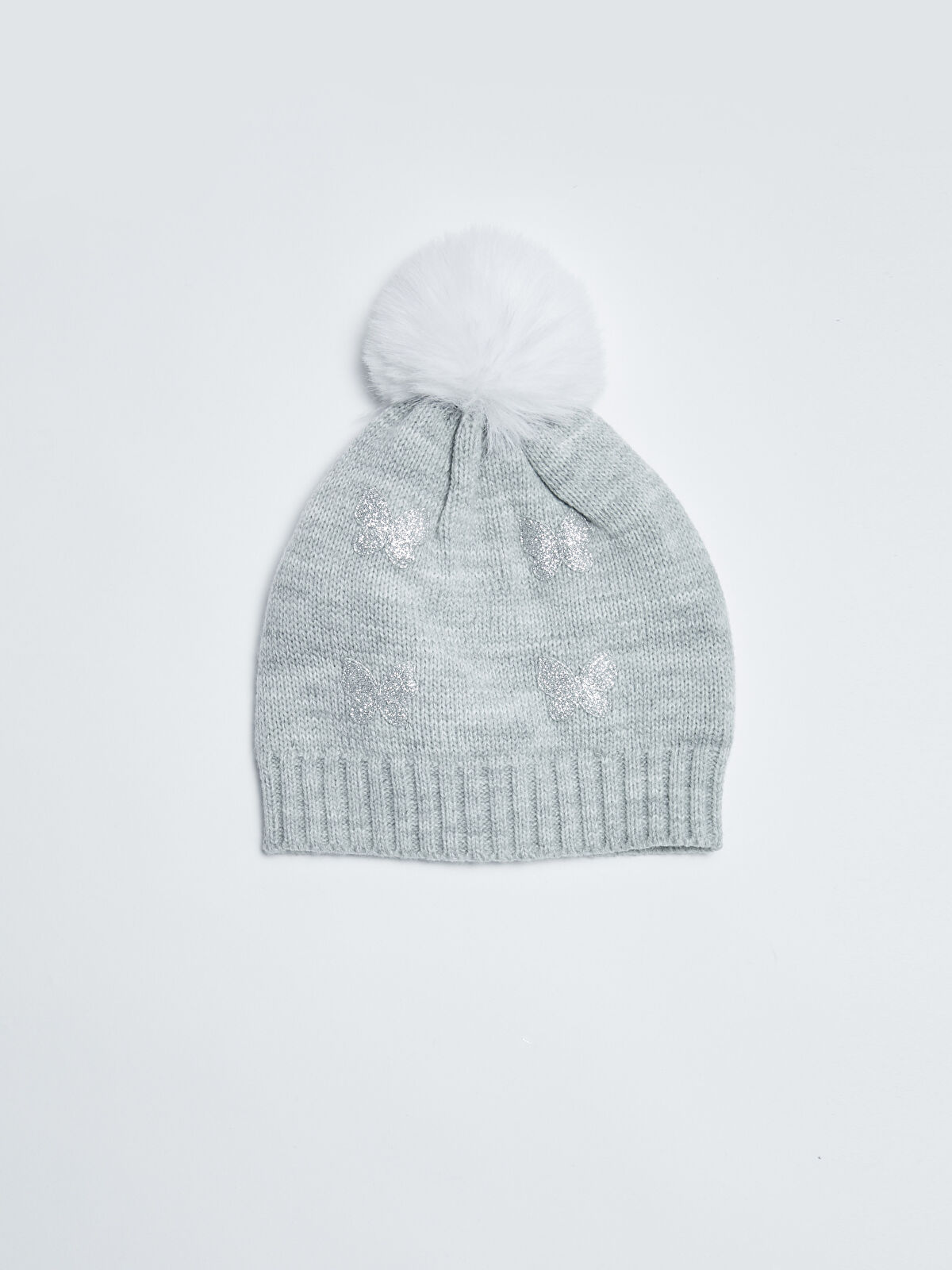 Kız Çocuk Kelebek Nakışlı Ponponlu Triko Bere