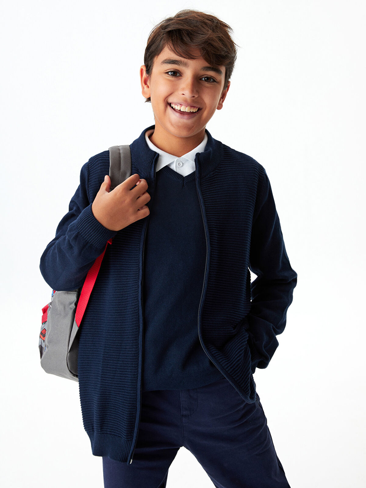 Dik Yaka Basic Uzun Kollu Erkek Çocuk İnce Triko Hırka