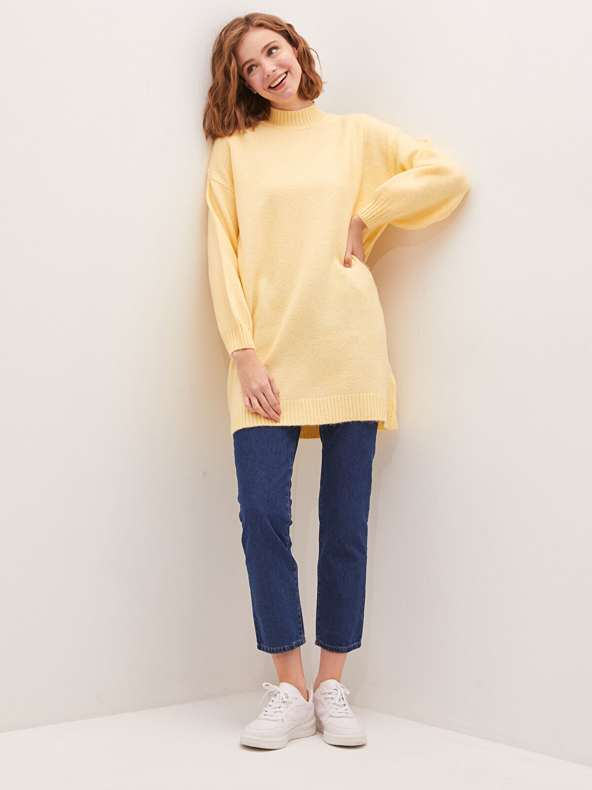 MODEST Yarım Balıkçı Yaka Düz Uzun Kollu Oversize Kadın Triko Tunik