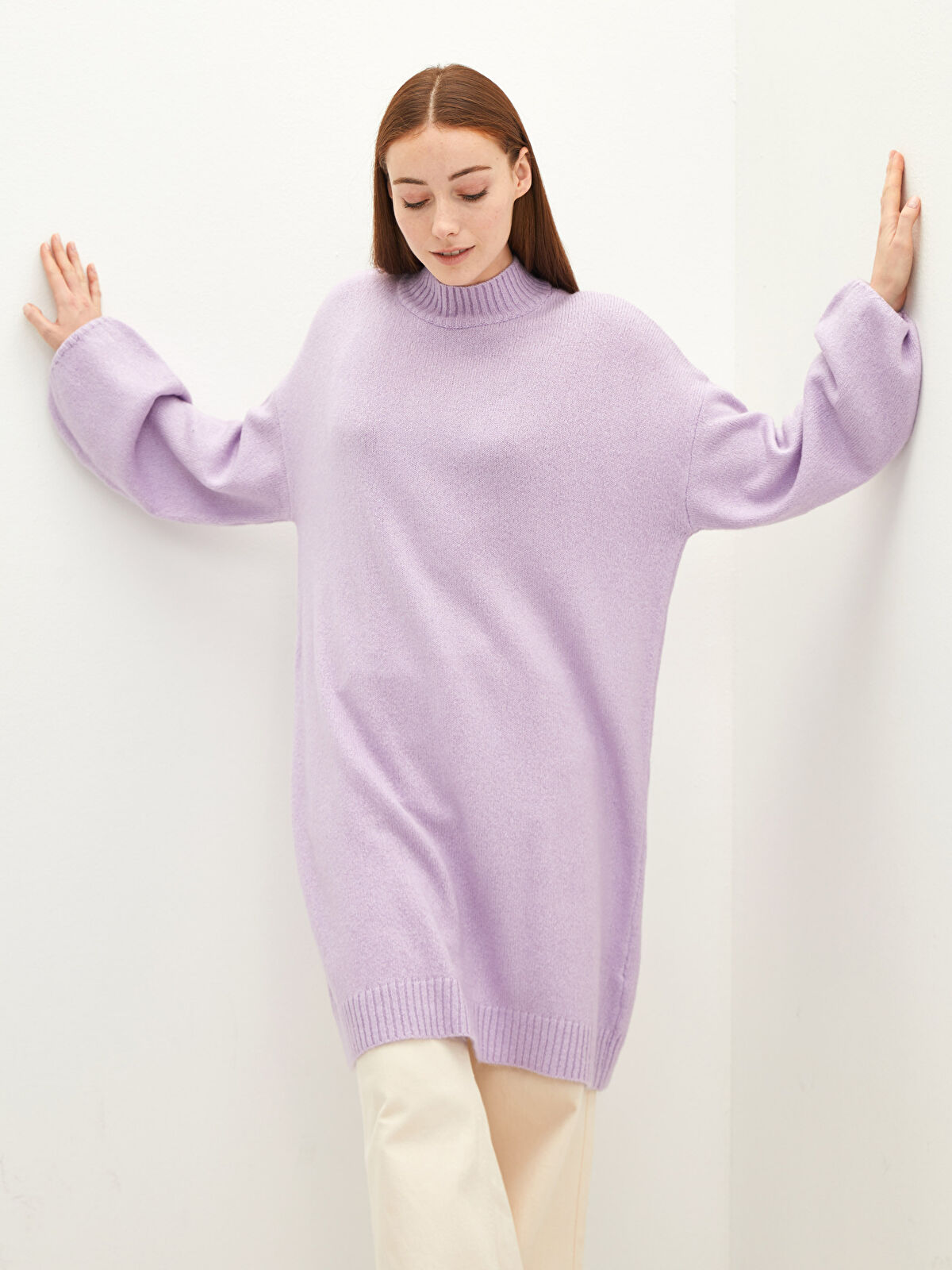 MODEST Yarım Balıkçı Yaka Düz Uzun Kollu Oversize Kadın Triko Tunik