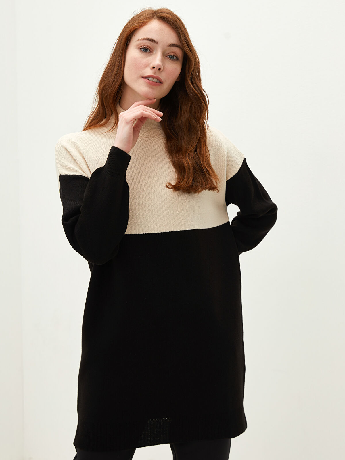 MODEST Yarım Balıkçı Yaka Renk Bloklu Uzun Kollu Kadın Triko Tunik