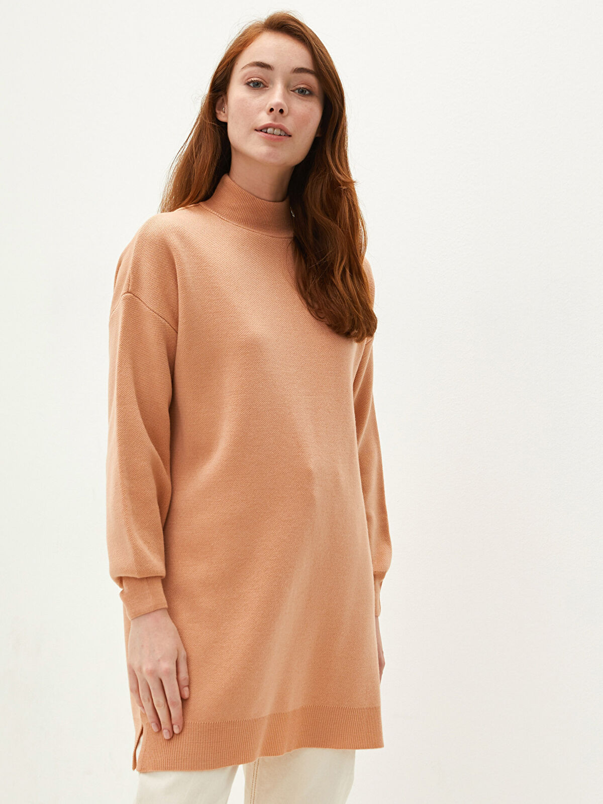 MODEST Yarım Balıkçı Yaka Düz Uzun Kollu Oversize Triko Kadın Tunik