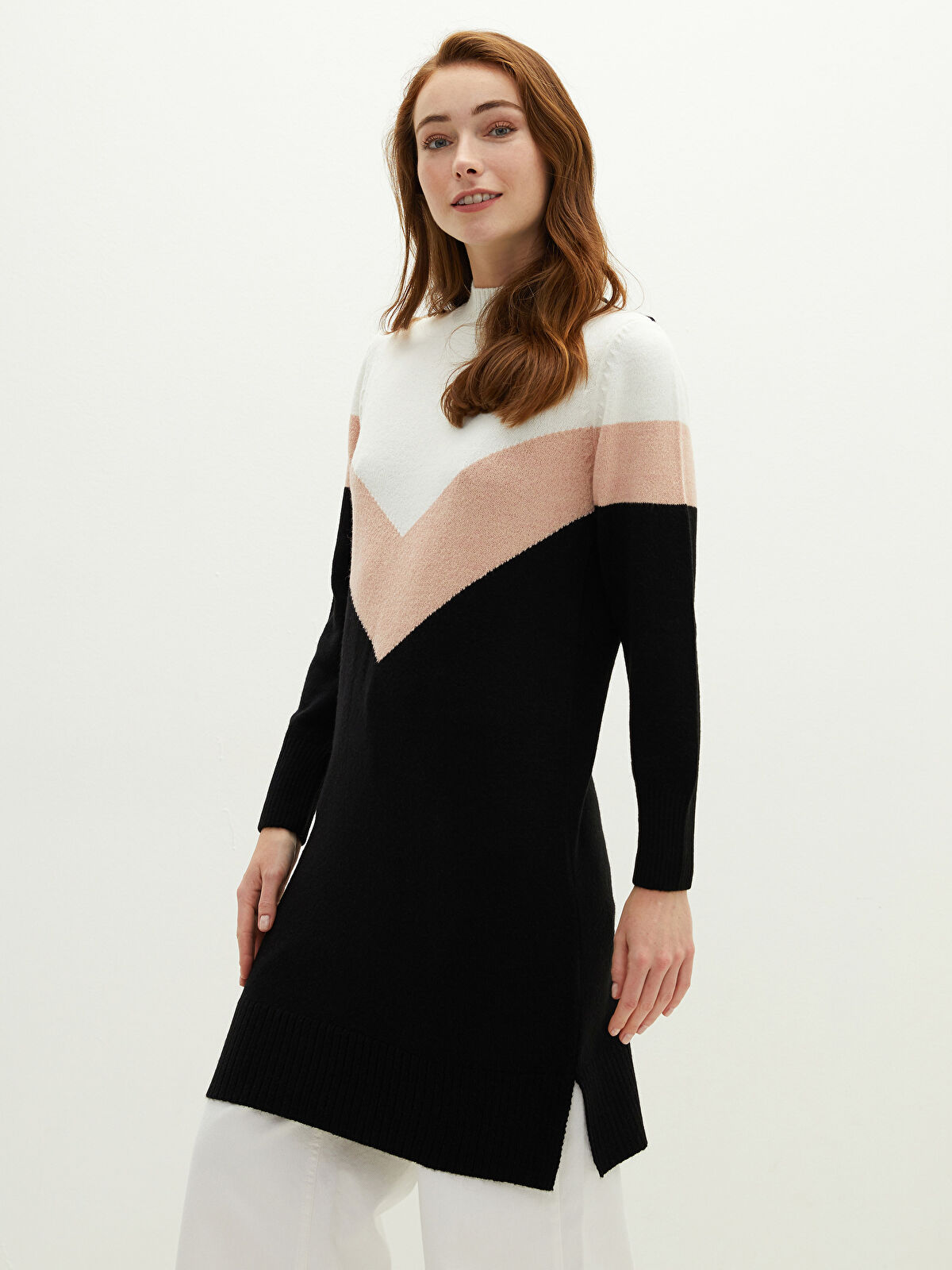 MODEST Yarım Balıkçı Yaka Renk Bloklu Uzun Kollu Kadın Triko Tunik