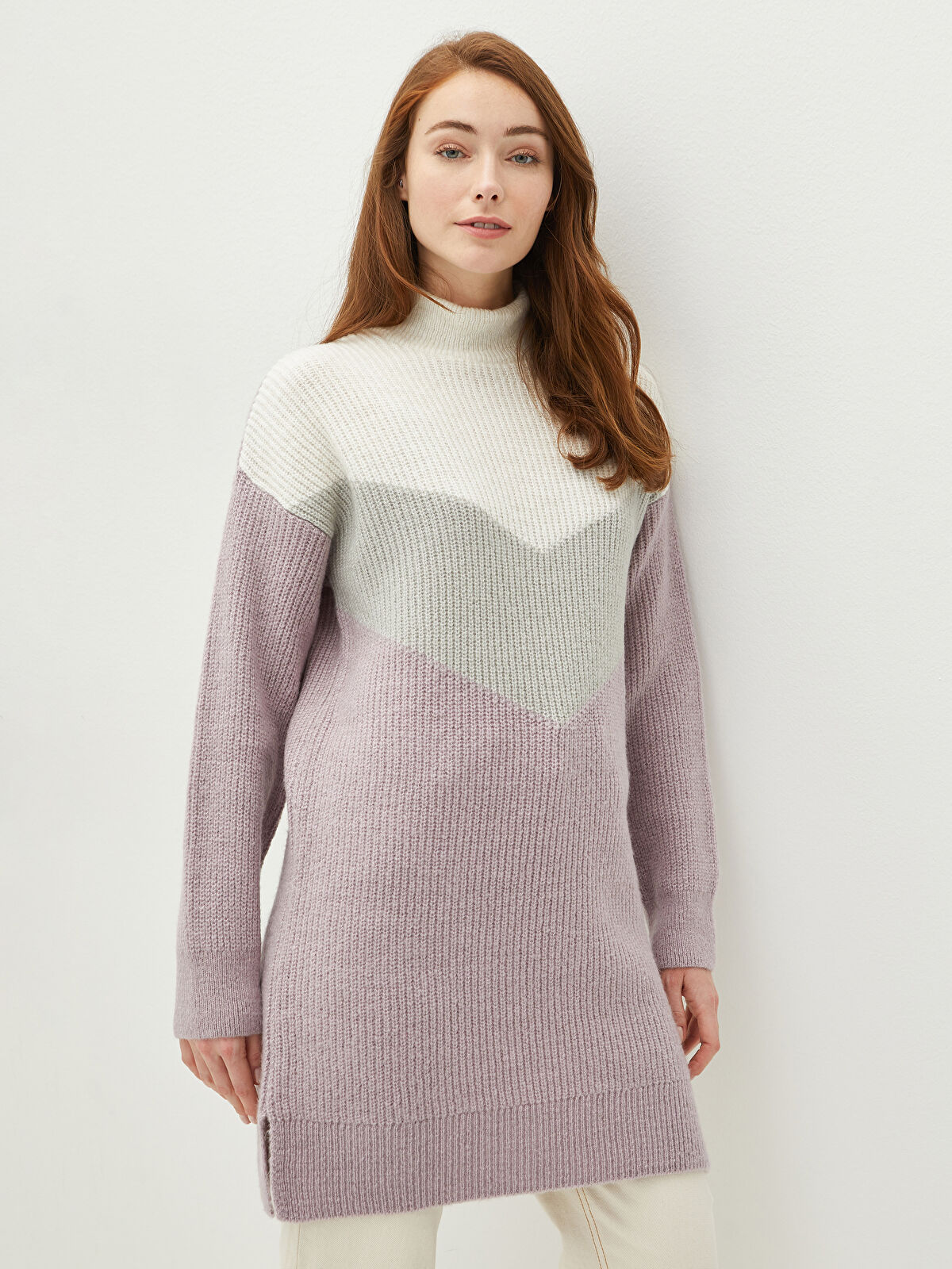 MODEST Yarım Balıkçı Yaka Renk Bloklu Uzun Kollu Kadın Triko Tunik