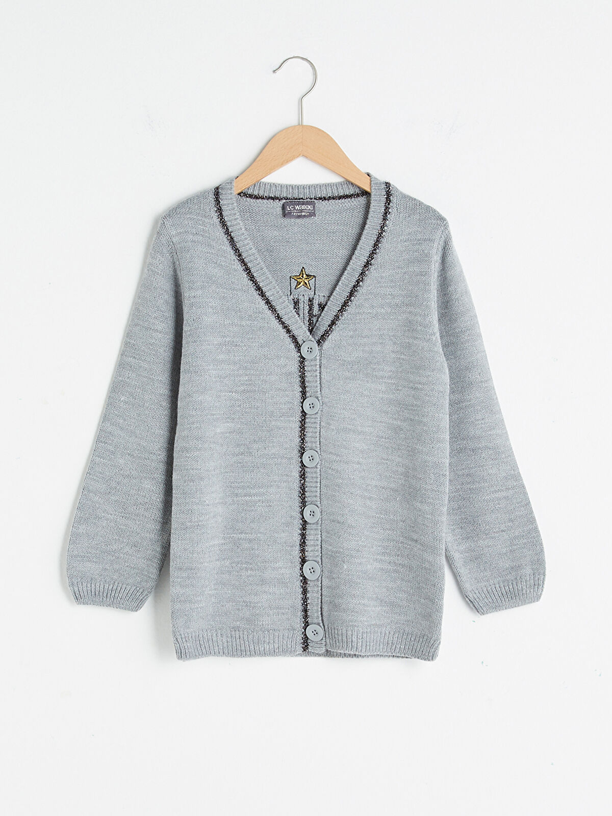 V Yaka Nakışlı Uzun Kollu Kız Çocuk Kalın Triko Hırka