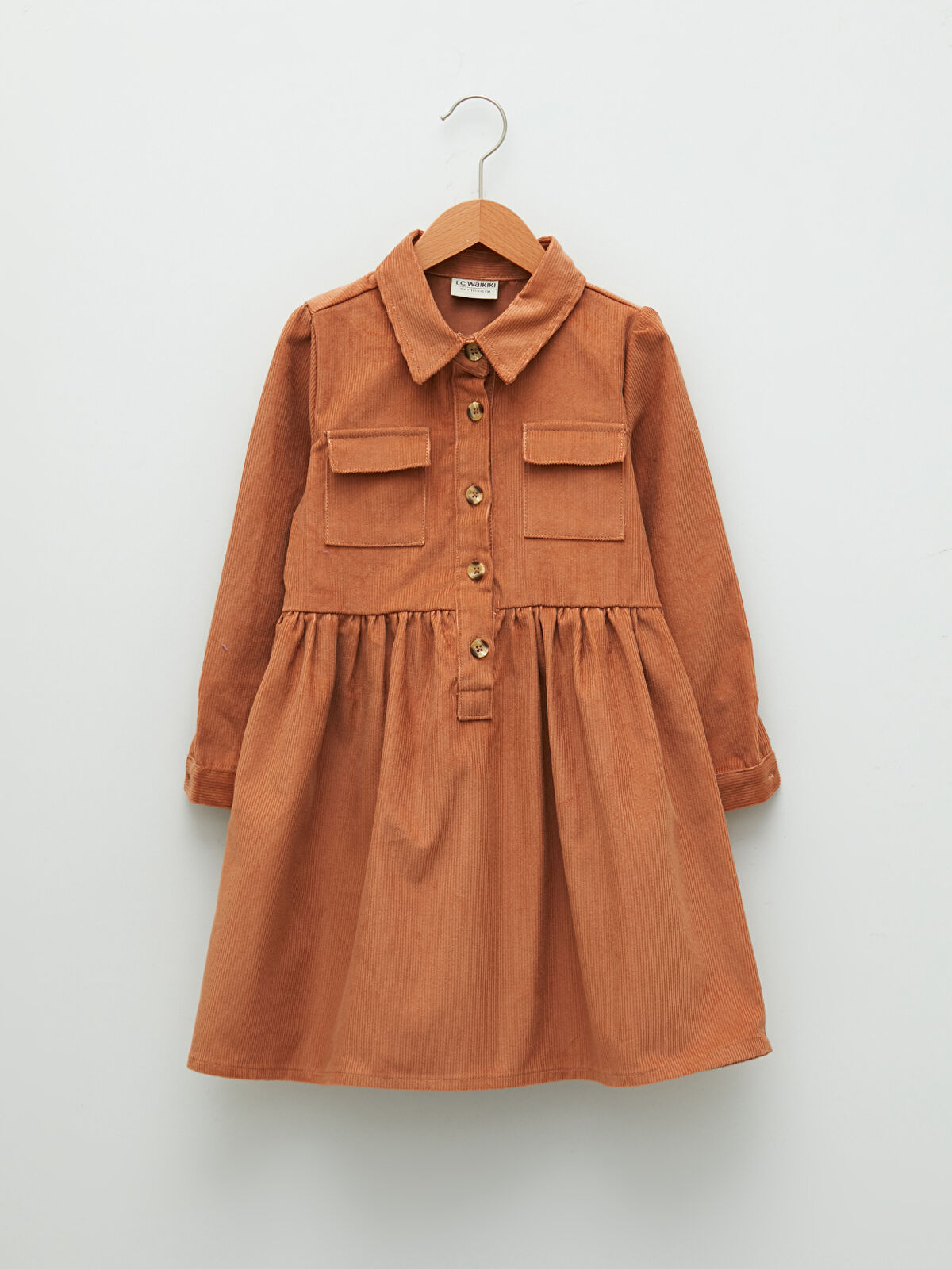 Gömlek Yaka Basic Uzun Kollu Kadife Kız Çocuk Elbise