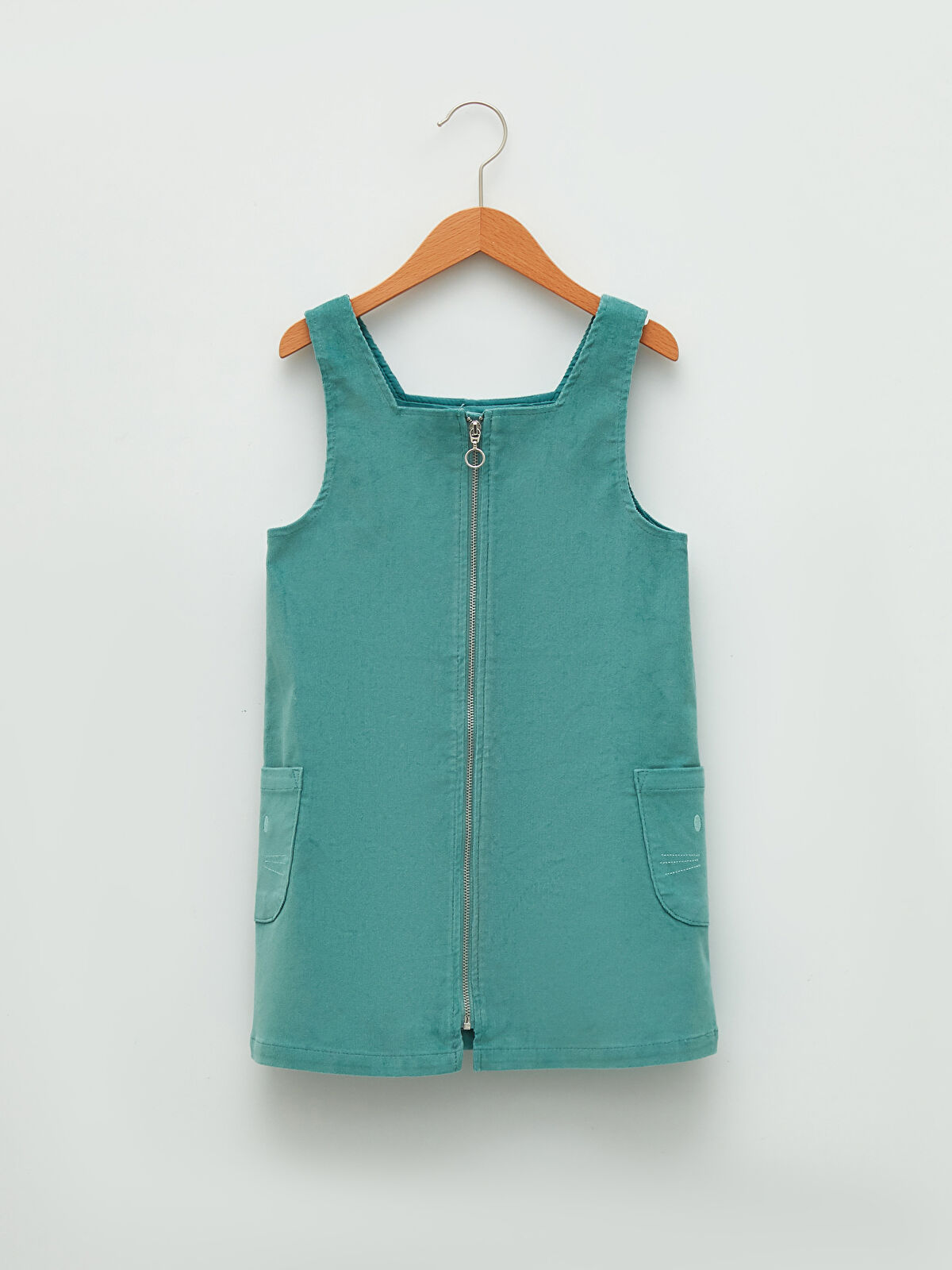 Kare Yaka Nakışlı Askılı Kadife Kız Çocuk Salopet Elbise