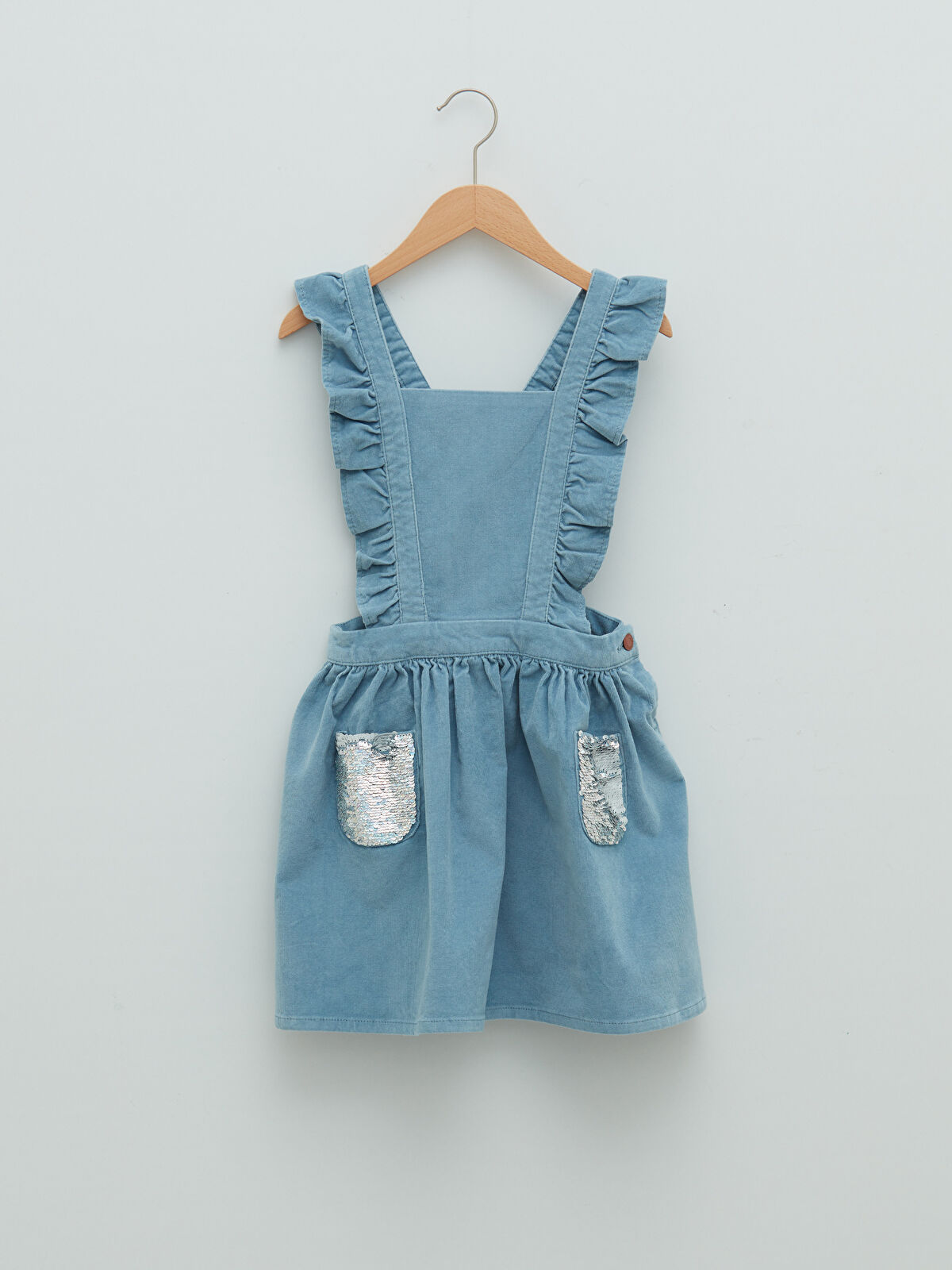 Kare Yaka Pul İşlemeli Kadife Kız Çocuk Elbise