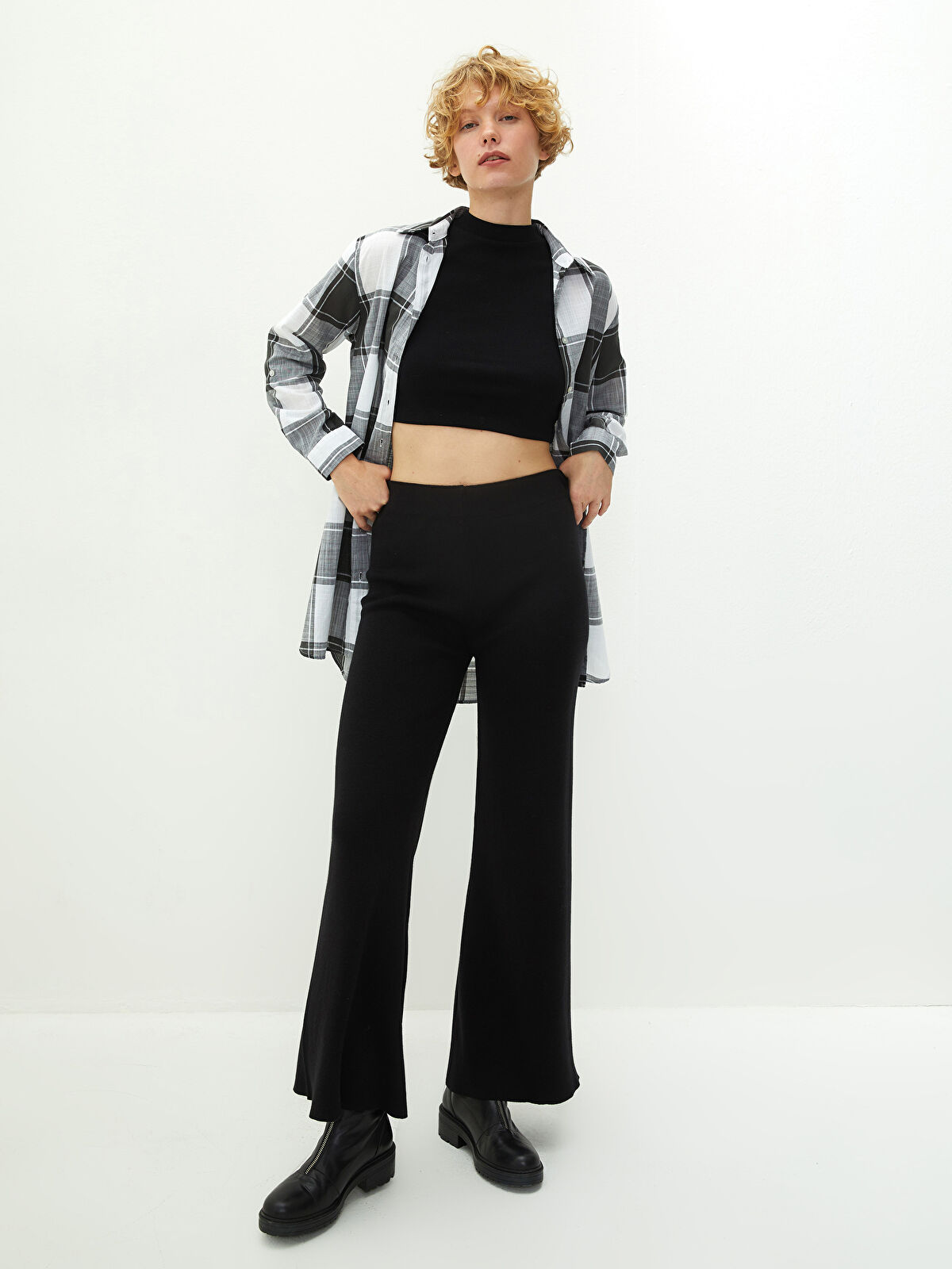 LCW CASUAL Beli lastikli Düz Geniş Paça Kadın Triko Pantolon