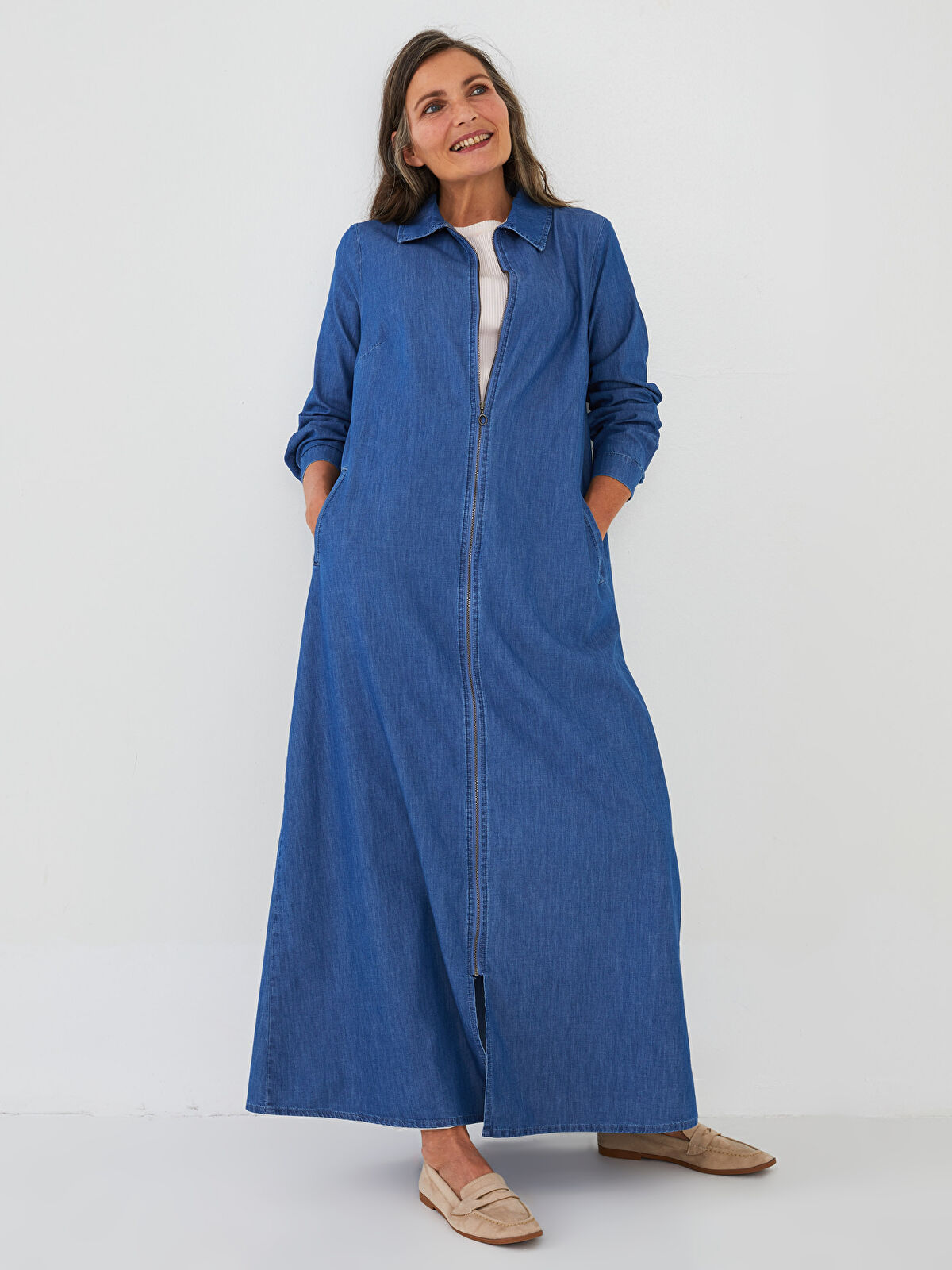 LCW GRACE Gömlek Yaka Düz Uzun Kollu Kadın Jean Elbise