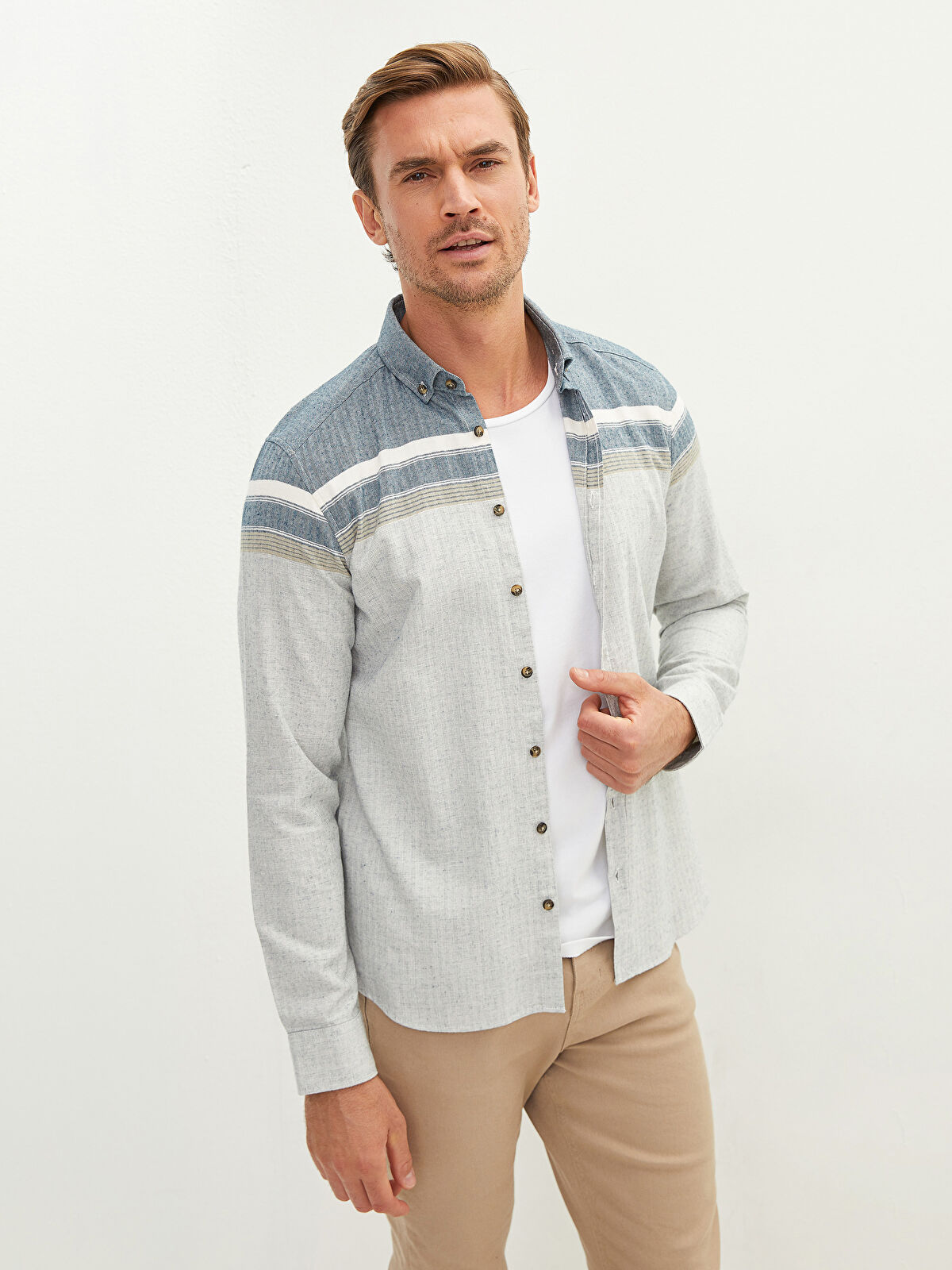 LCW CLASSIC Slim Fit Uzun Kollu Renk Bloklu Erkek Gömlek