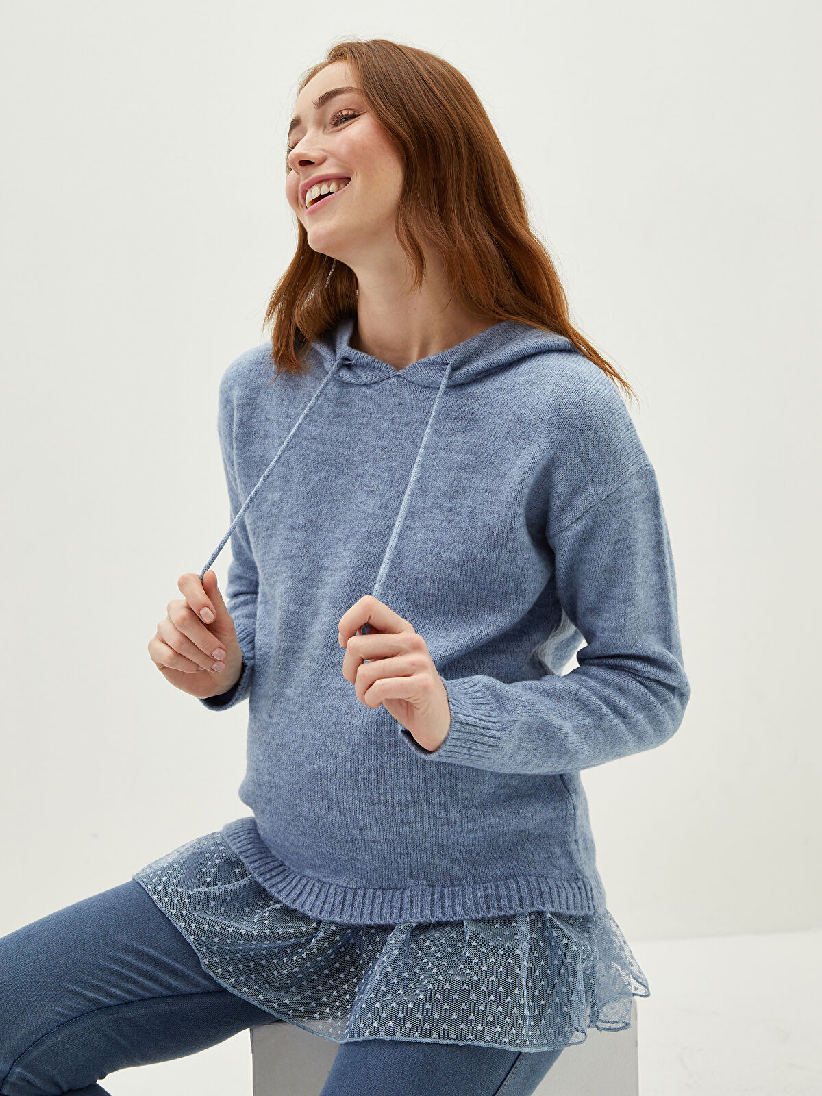 Kapüşon Yaka Tül Detaylı Uzun Kollu Hamile Triko Kazak