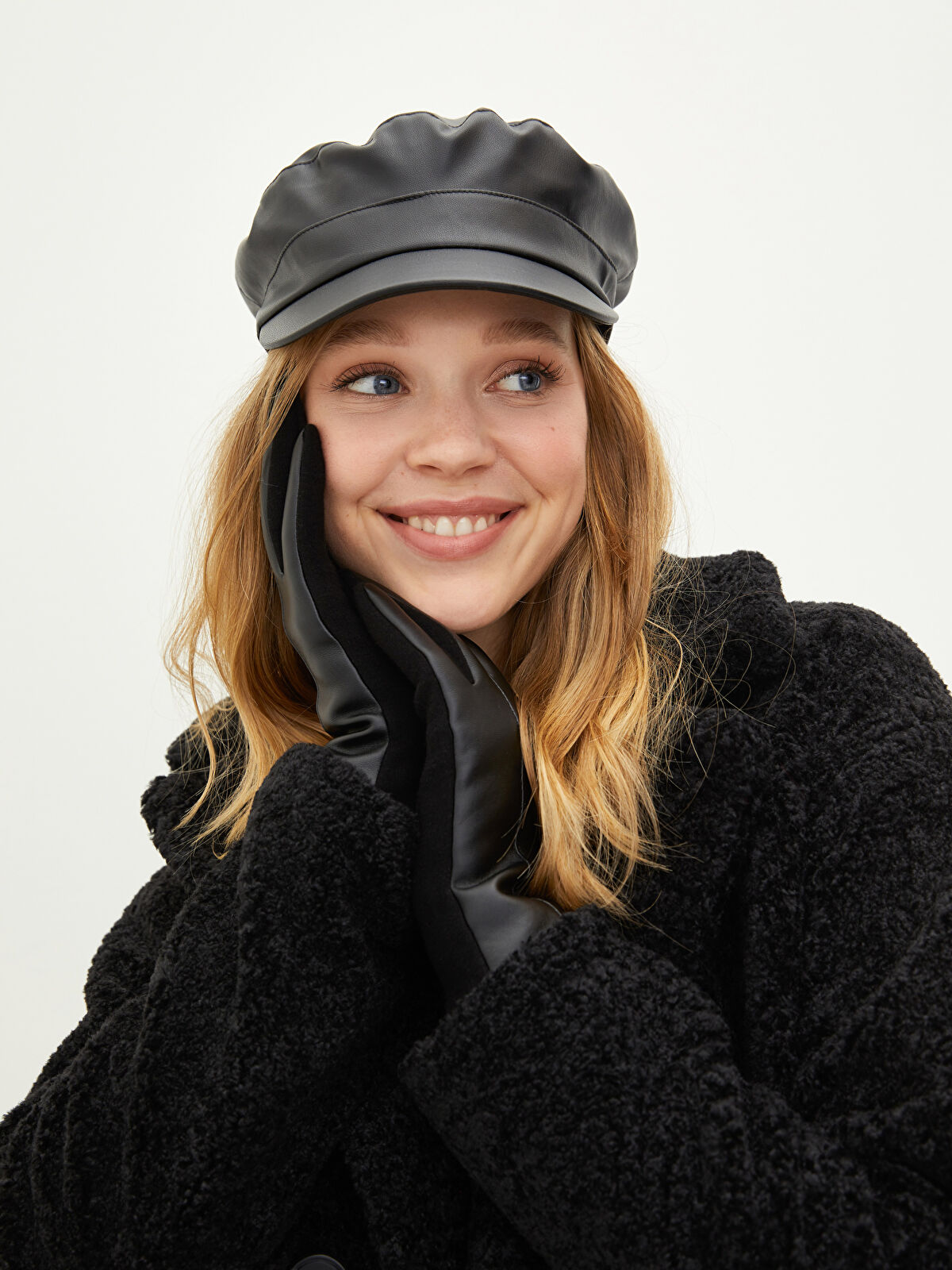 Deri Görünümlü Triko Detaylı Kadın Eldiven