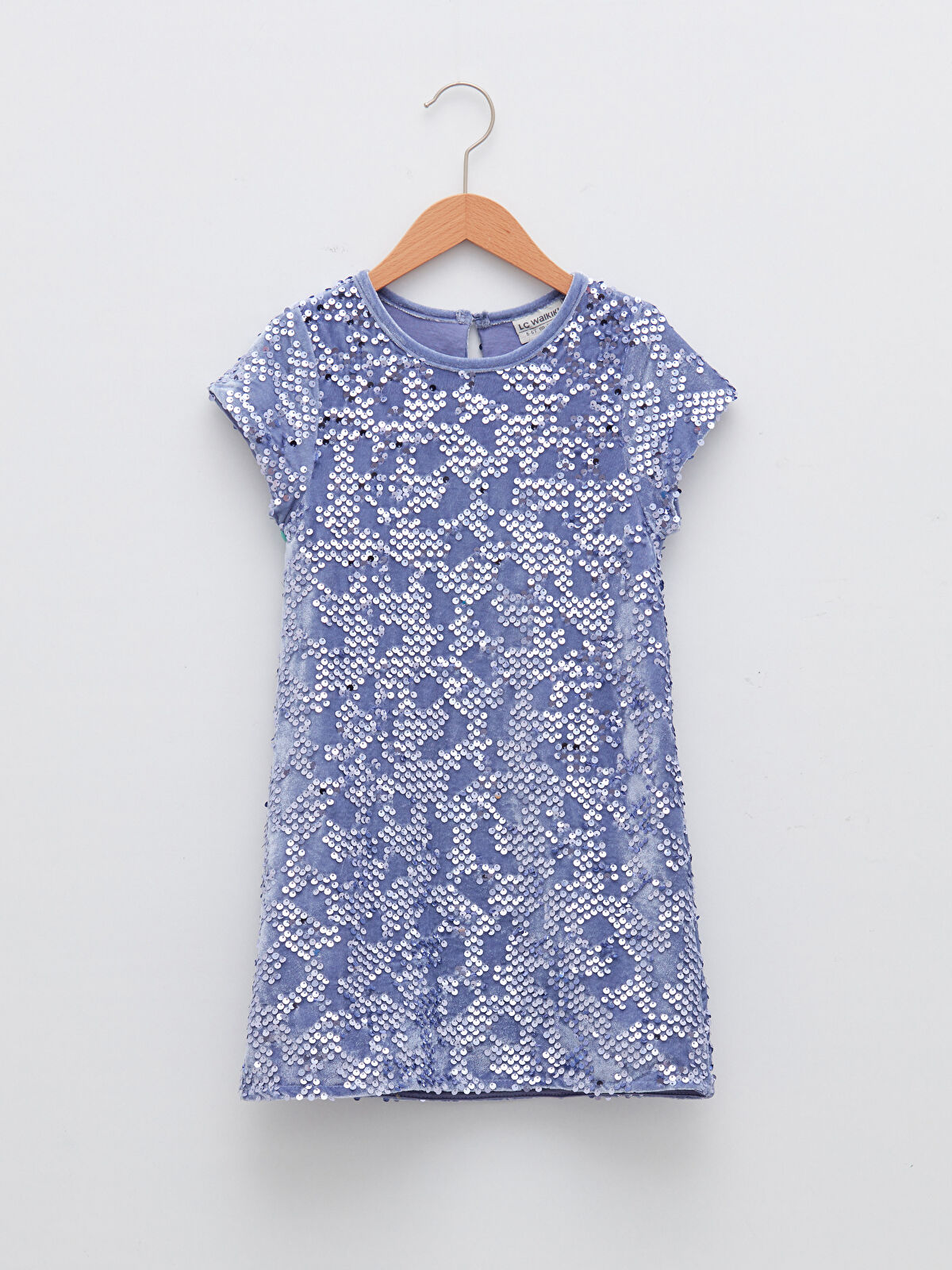 Bisiklet Yaka Pul İşlemeli Kısa Kollu Kız Çocuk Kadife Elbise