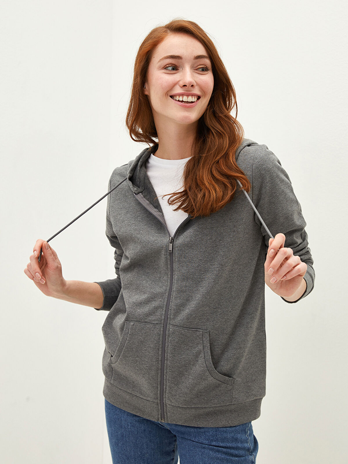 Kapüşon Yaka Düz Uzun Kollu Fermuar Kapamalı Kadın Spor Hırka