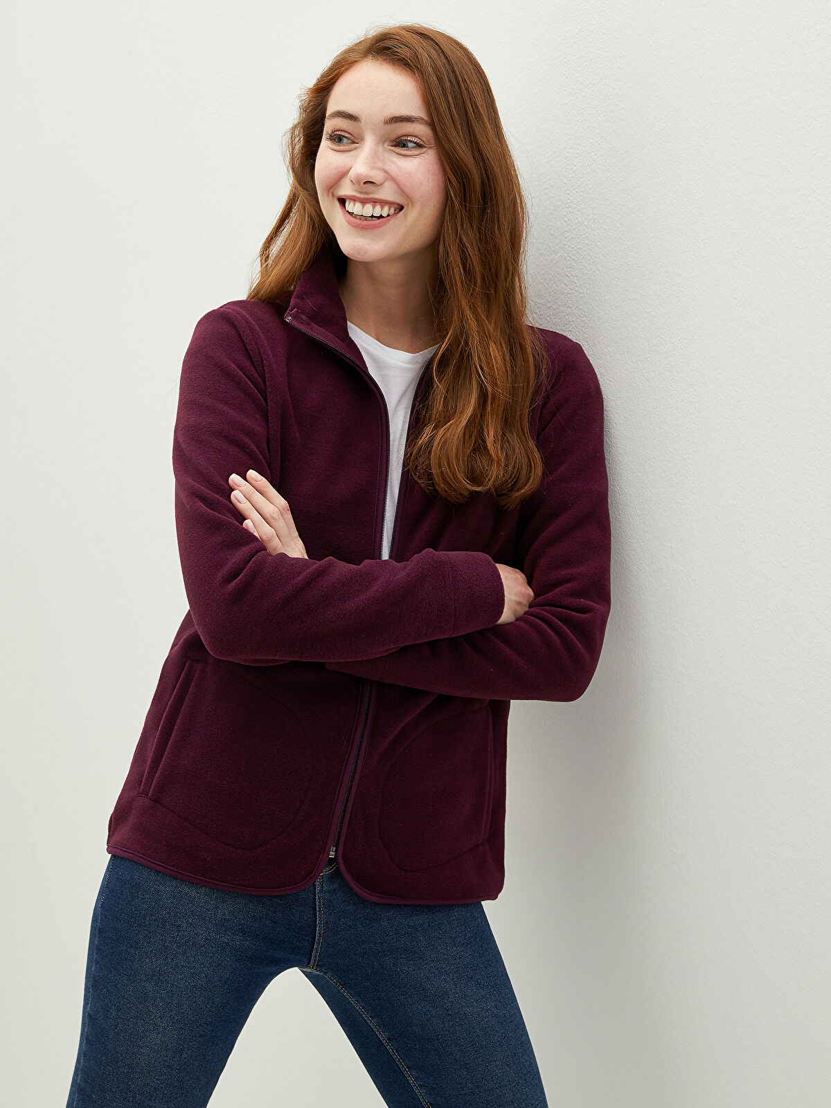 Dik Yaka Düz Cep Detaylı Uzun Kollu Polar Kumaş Kadın Hırka