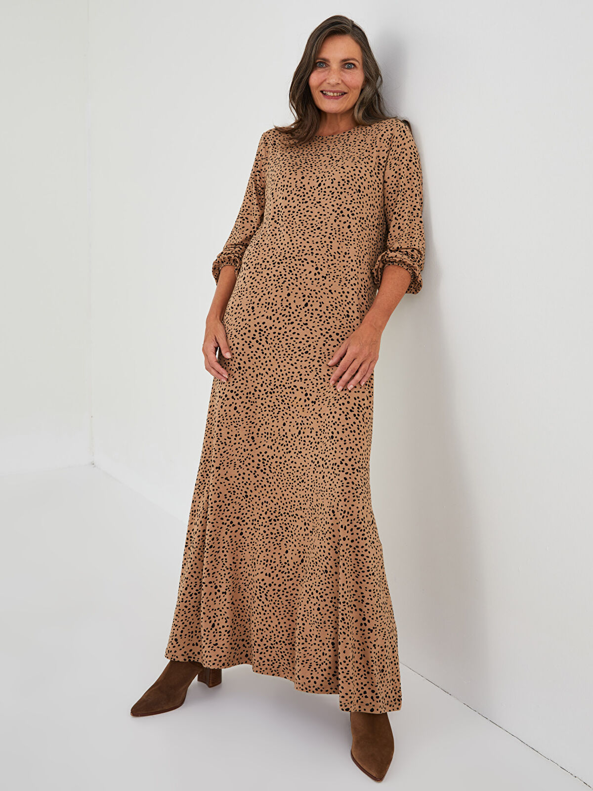 Bisiklet Yaka Desenli Uzun Kollu A Kesim Kadın Elbise