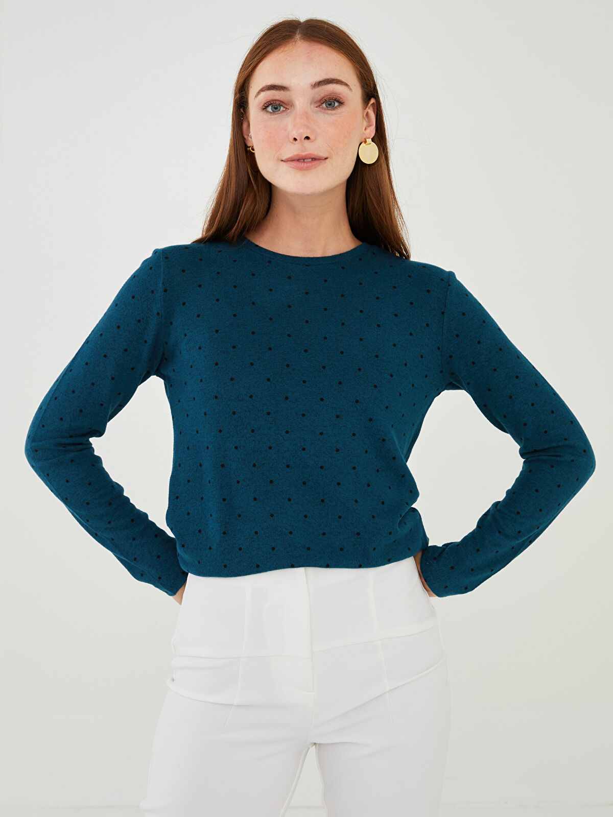 LCW BASIC Bisiklet Yaka Puantiyeli Uzun Kollu Kadın Tişört